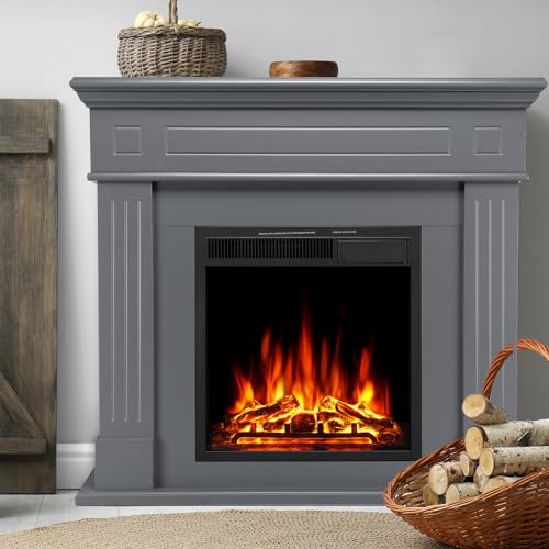 Havato 43" Electric Fireplace with Mantel, Freestanding Electric Fireplace, Wooden Surround Firebox, Remote Control, 7 Level Adjustable Led 3D Frame, 750W/1500W Grey