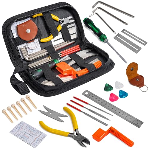 GOCOHHI Guitar Repairing Tool Kit Wire Plier,String Organizer,Fingerboard Protector,Hex Wrenches, Files, String Ruler Action Ruler, Spanner Wrench,Bridge Pins for Guitar Ukulele Bass Mandolin (26 PCS)