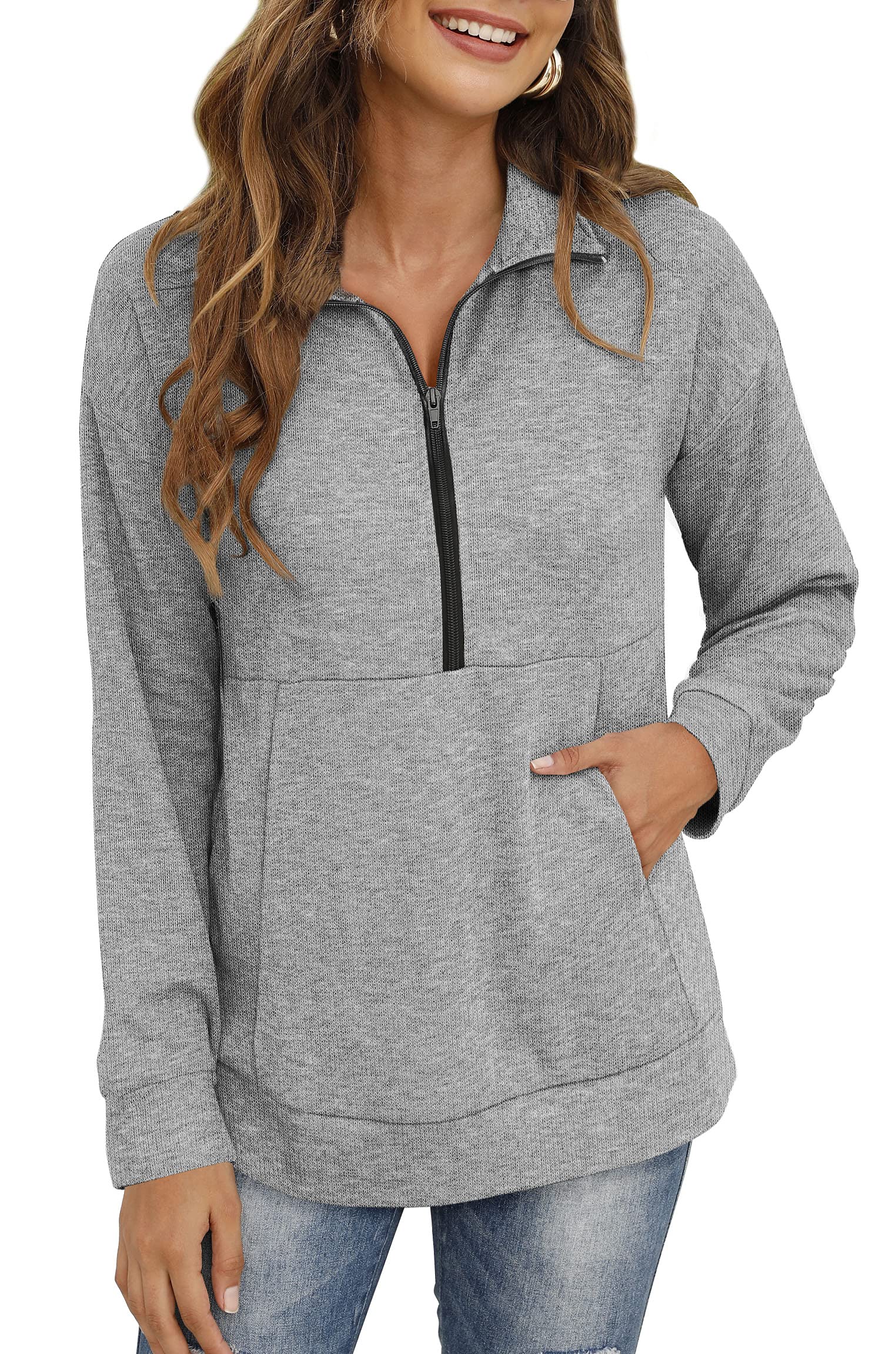 Glanzition Grey Sweatshirt for Women Winter Long Sleeve Zip Up Collar Pullover Sweatshirts L