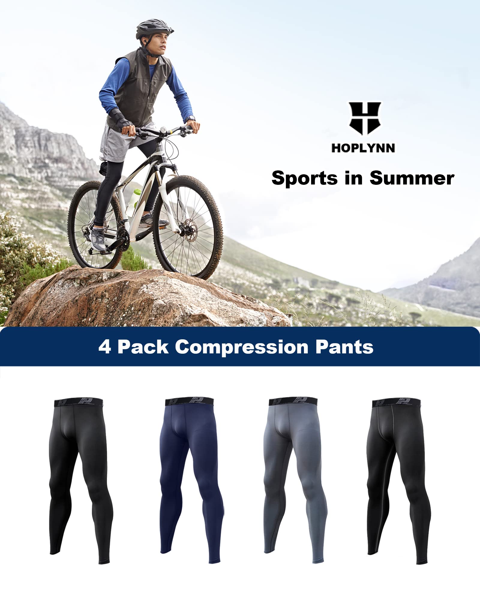 HOPLYNN 4 Pack Compression Pants Tights Leggings Men, Winter Baselayer for Running Workout Sports Yoga-2 Black 1 Grey 1 Blue-L