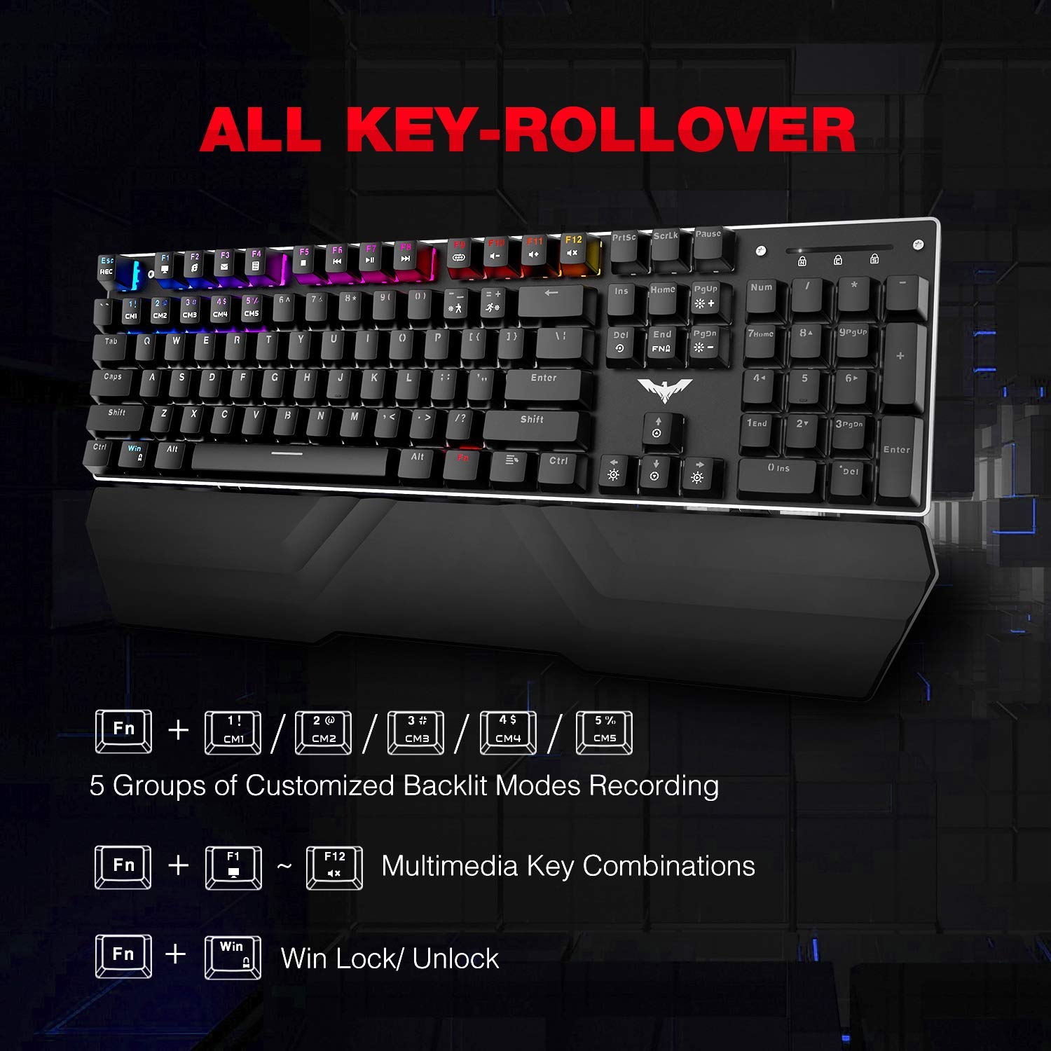 Havit Mechanical Keyboard and Mouse Combo RGB Gaming 104 Keys Blue Switches Wired USB Keyboards with Detachable Wrist Rest, Programmable Gaming Mouse for PC Gamer Computer Desktop (Black) (Renewed)