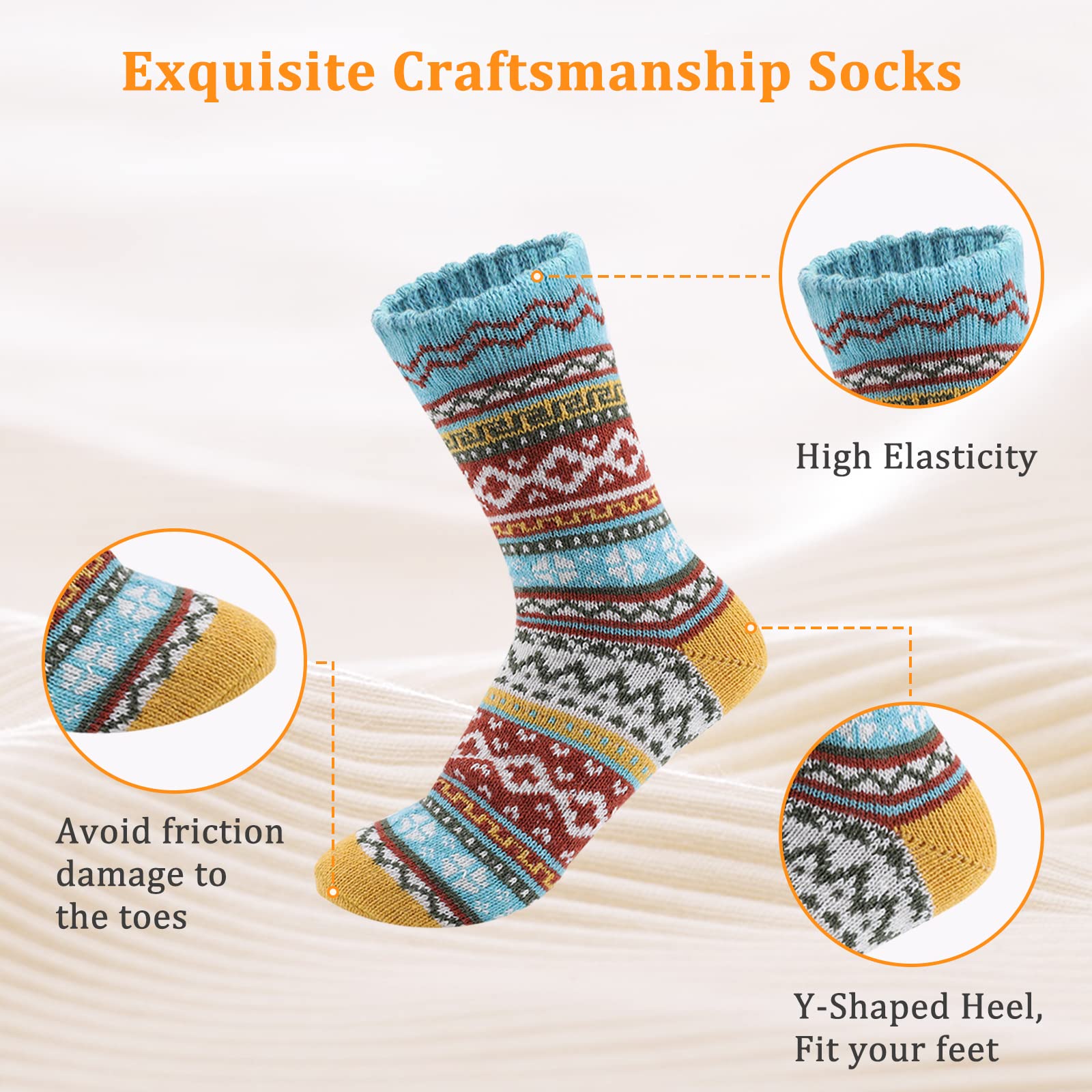 HiTauing 5 Pack Womens Wool Socks Winter Soft Warm Cold Knit Wool Crew Socks Thick Knit Cozy Winter Socks Gifts for Women One Size