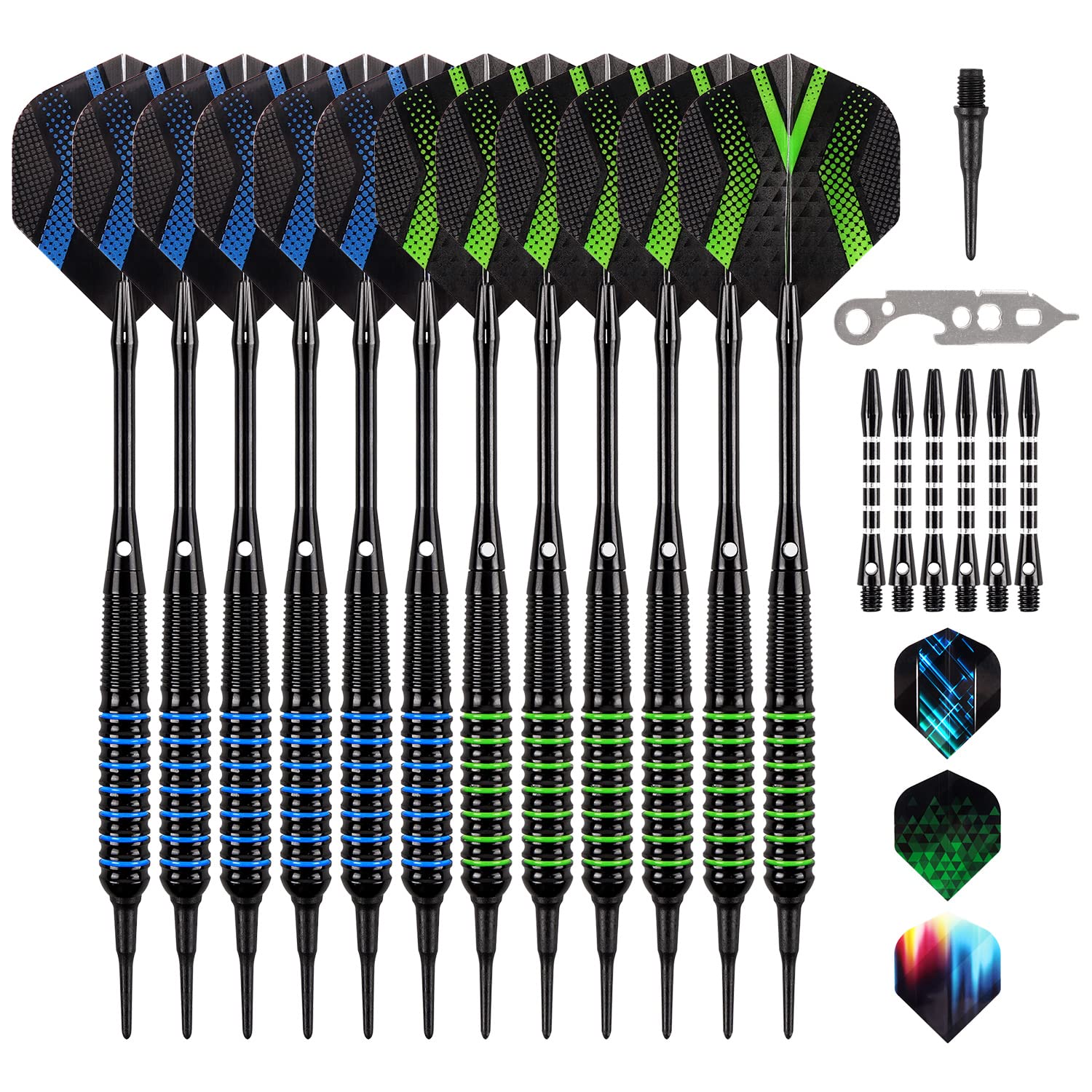 Grebarley Soft Tip Darts,Darts Plastic Tips,12 Pcs 18 Gram with 50 Extra Dart Tips,9 Flights, 6 shafts,Tool Kit for Electronic Dart Board