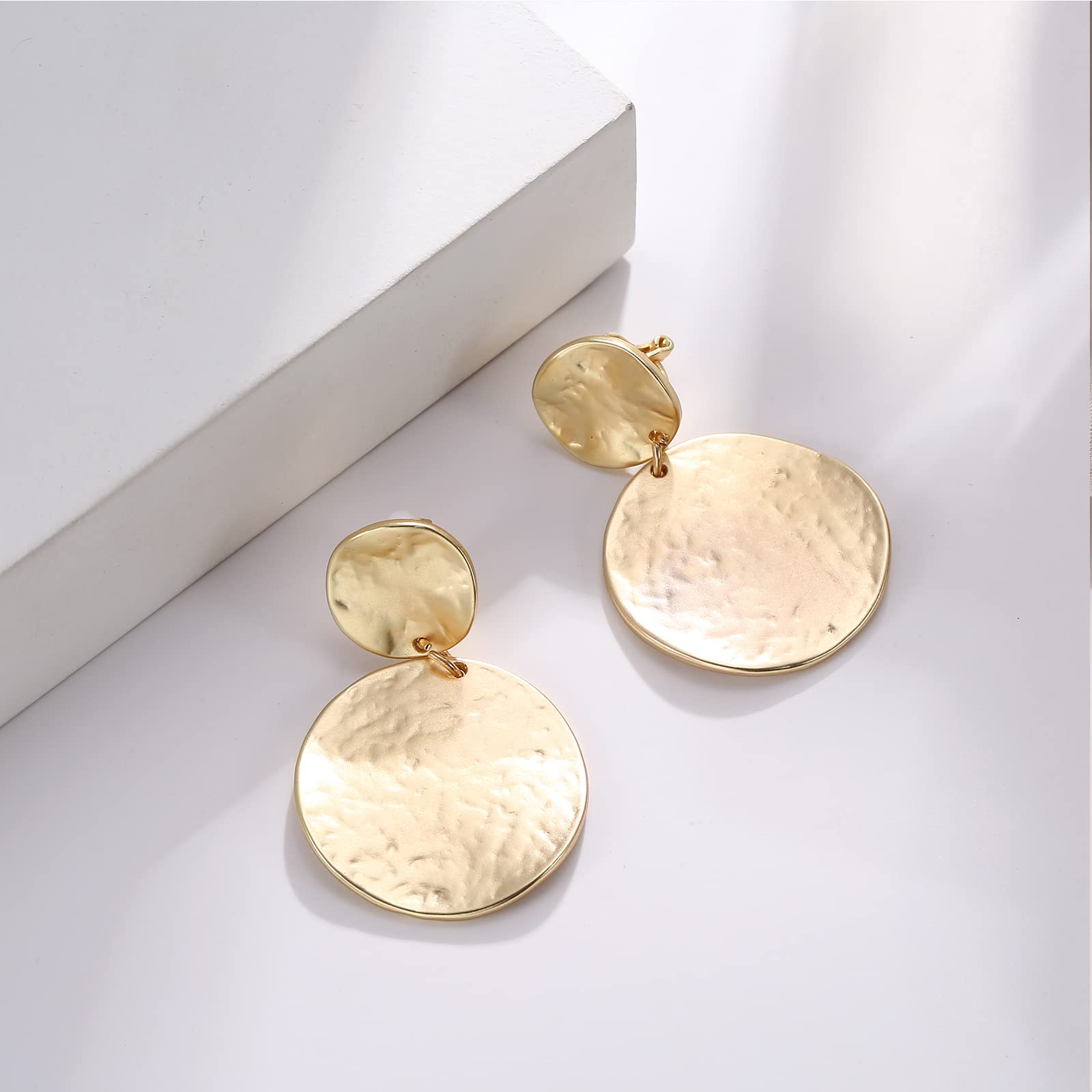 Gold Round Hammered Disc Clip on Earrings for Women Small Disc Drop Clip Earring for Non Pierced Earrings