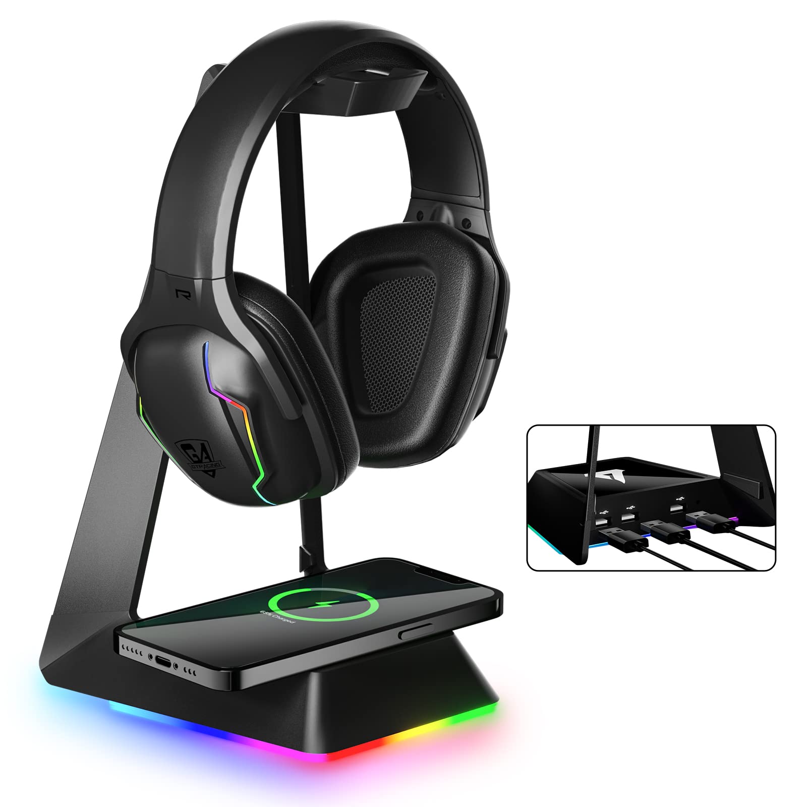 GTRACING Gaming Headphone Stand, Gaming Headset RGB Holder with Wireless Charger, 3 USB Hub, 3 in 1 Multi-Functional Base Station, Gifts for Gamers, PC Game Earphone Accessories