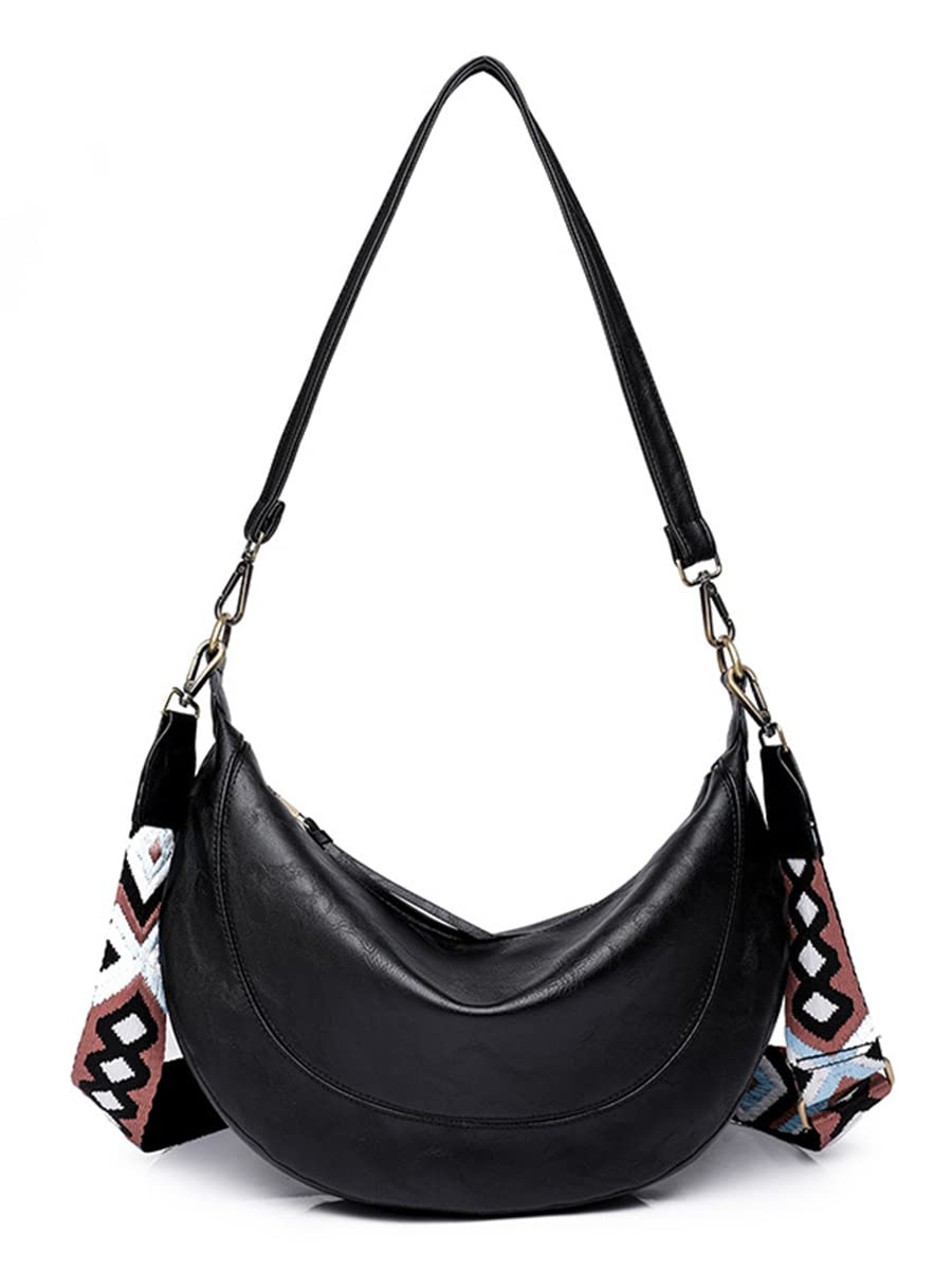 HANDAFA Moon Saddle Shoulder Purse With Gituar Strap PU Leather Crescent Crossbody Purse For Women(Black)
