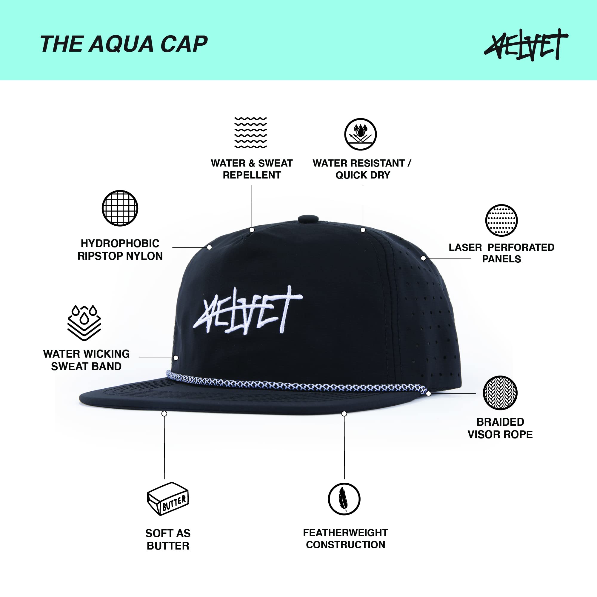 Hydro Waterproof Men's Hat, Sports Performance Snapback Cap with Rope, Water Proof Baseball Hat for Golf, Running, Gym, Boating, Moisture Sweat Resistant, One Size Fits All Melins, Unisex Black