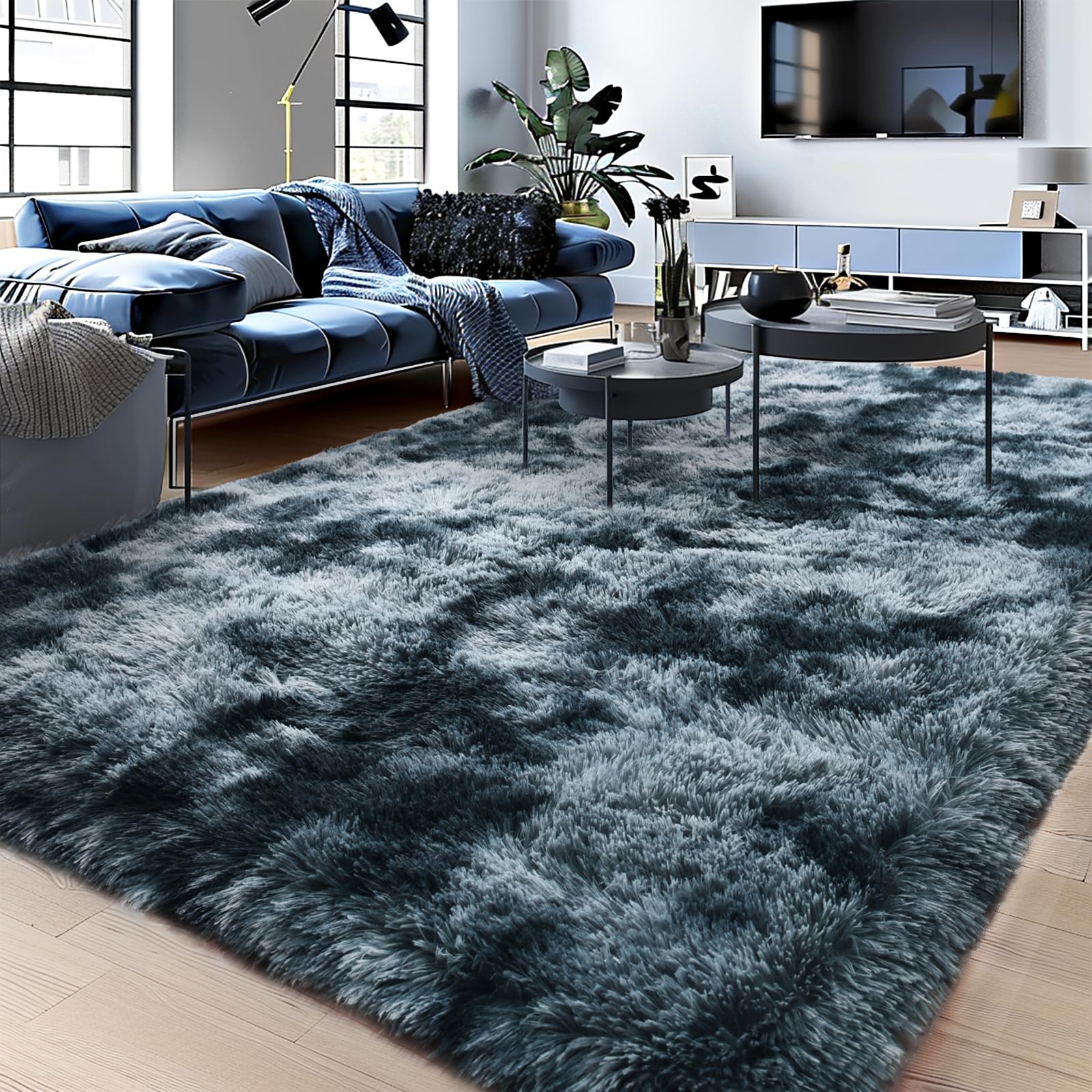 Isdook Anti-Skid Rectangular Fuzzy Rug Fluffy Rug for Living Room Non-Slip Shag Fuzzy Rug for Nursery Tie-Dyed Blue Grey Rectangle 5x7 Feet