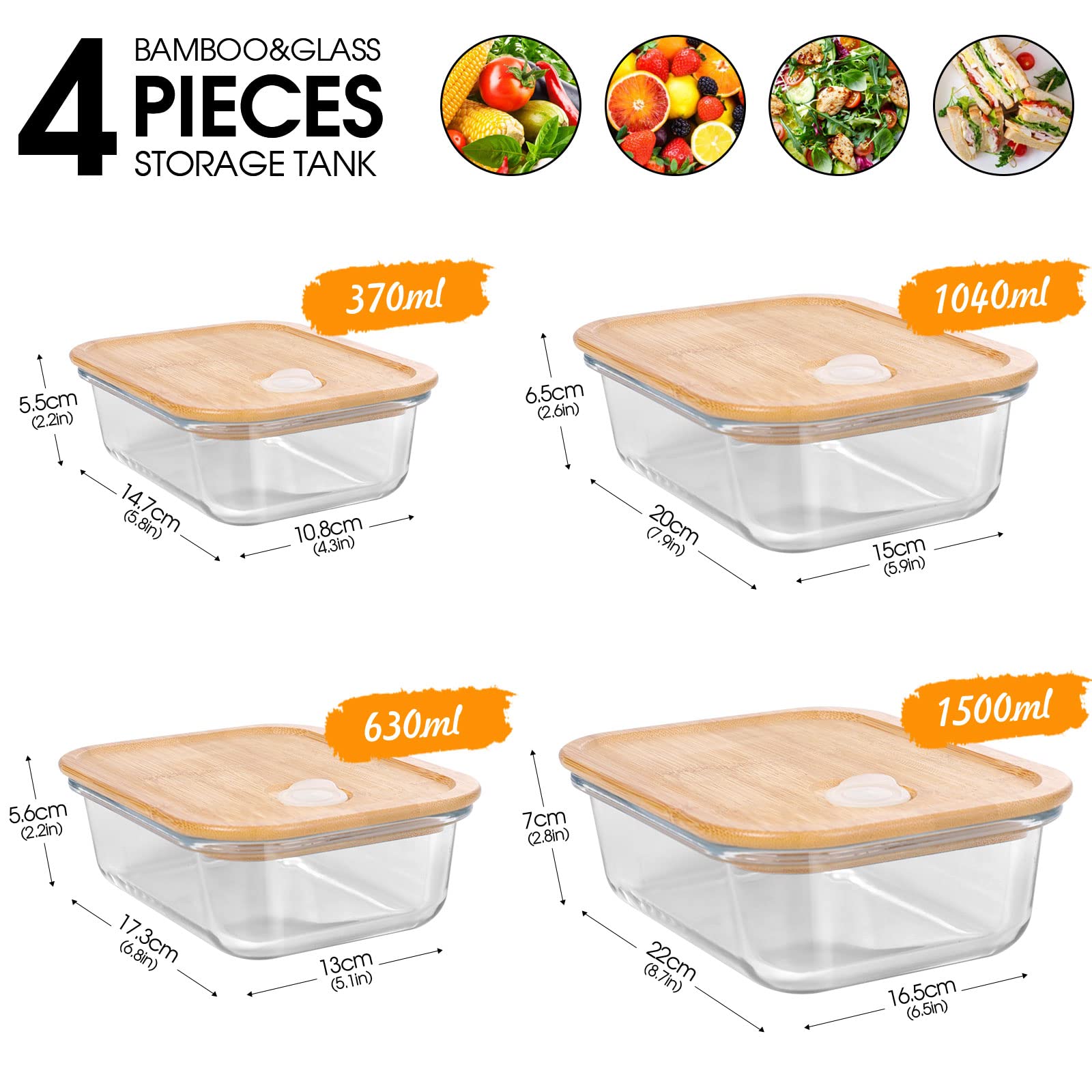 Glass Meal Prep Containers, 4 Piece Airtight Food Storage Containers with Bamboo Lids, BPA Free Leak Proof Glass Fridge Storage Containers for Microwave, Dishwasher