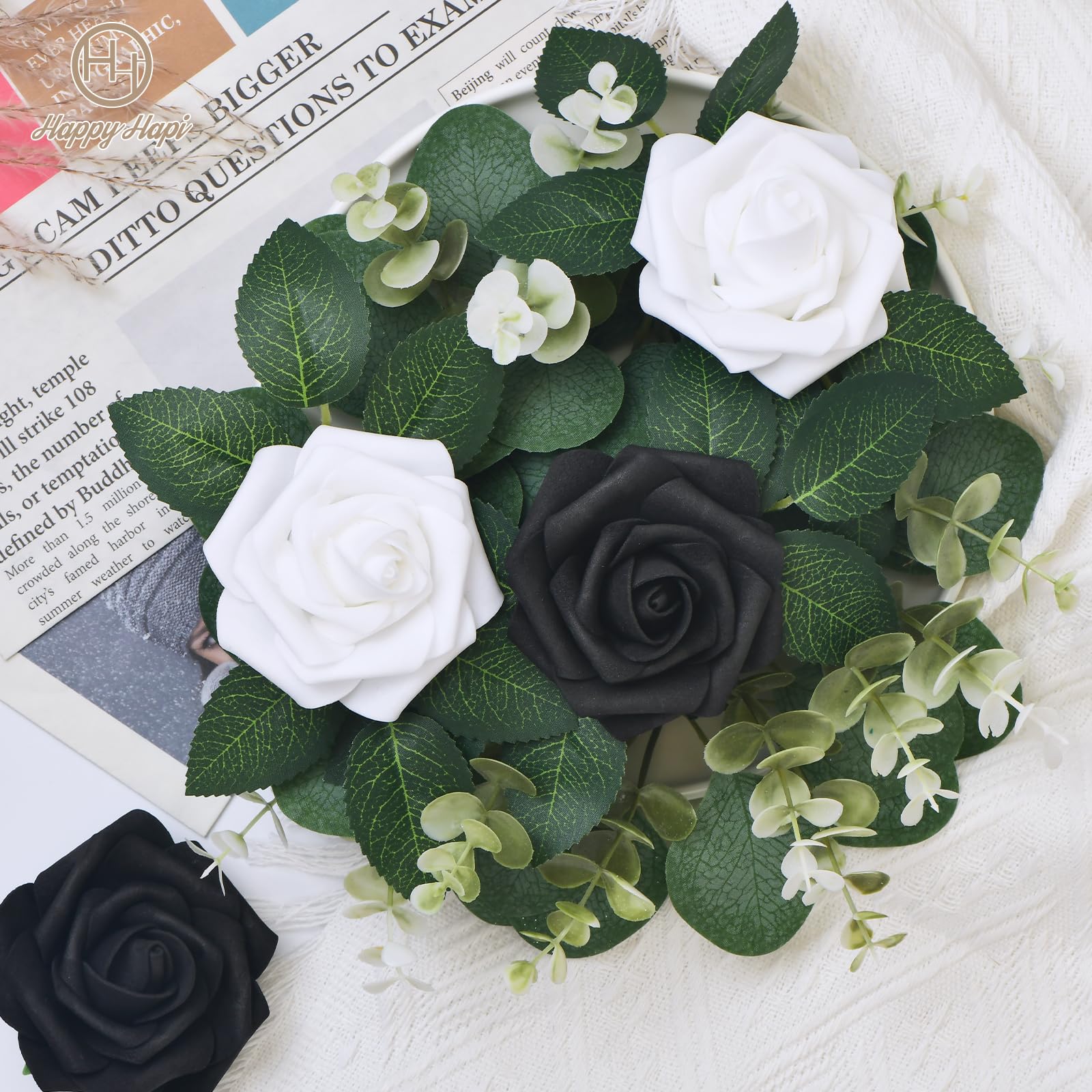 HappyHapi 40Pcs Artificial Flowers Roses Bulk Black&White Foam Fake Roses with Stems for Wedding, Bridal Shower Decorations Fake Flowers Centerpieces Tables Decorations