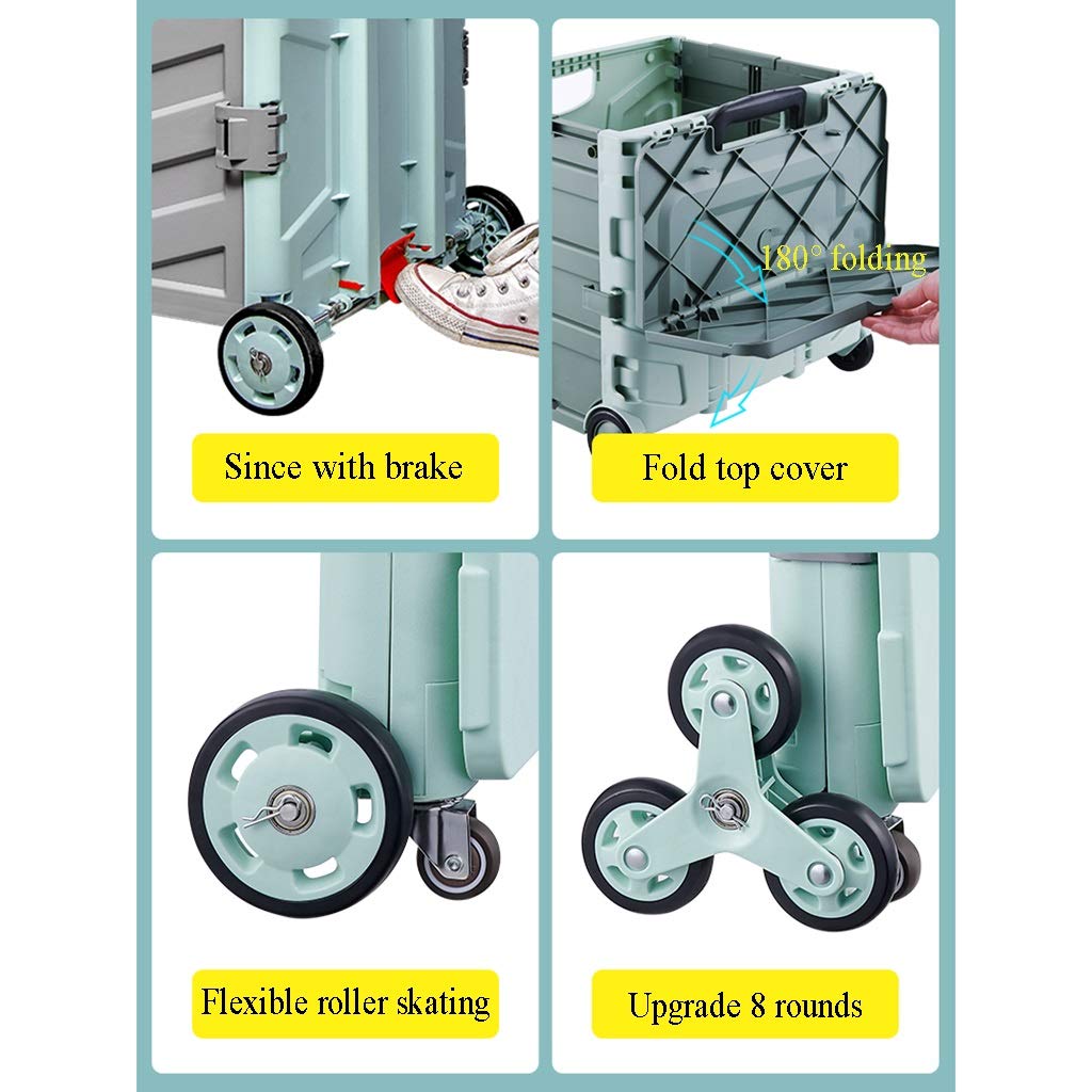GXYAWPJ Mint Green Folding Cart on Wheels with Lid Cover Utility Shopping with Rolling Swivel Wheels for Stairs Large Capacity Retractable Hand Cart (Size : B)