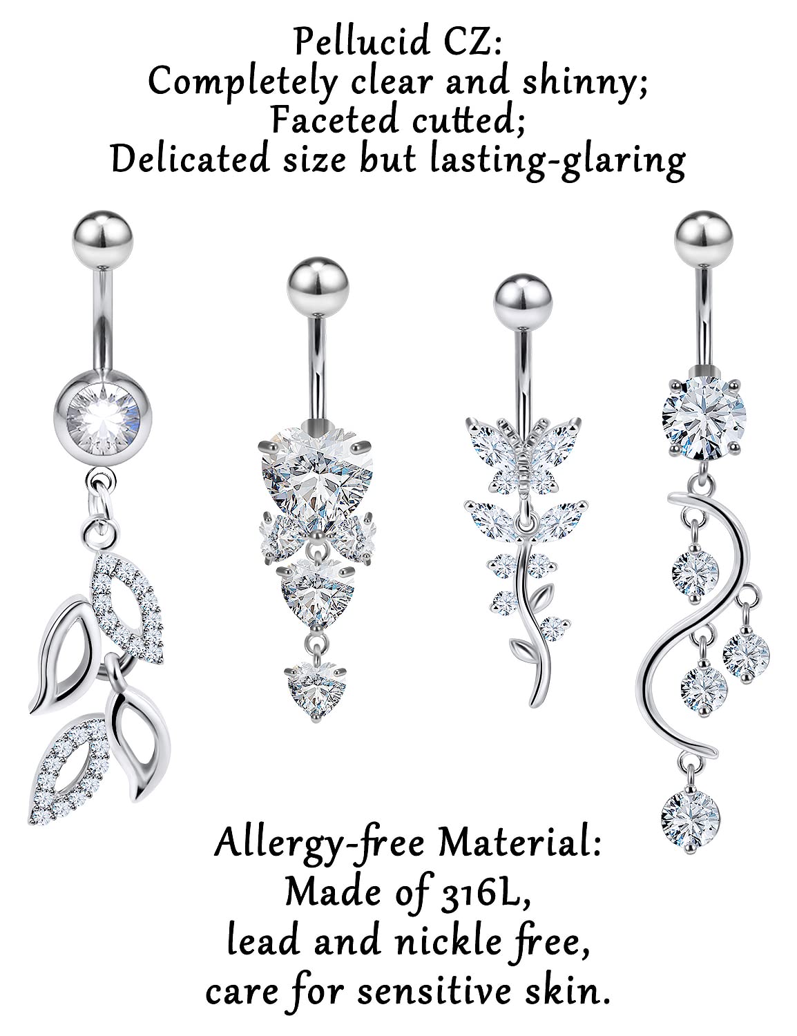 Goerhsjie 9pcs Surgical Stainless Steel Belly Button Ring, 14G 1.6mm x 3/8inch, for Women