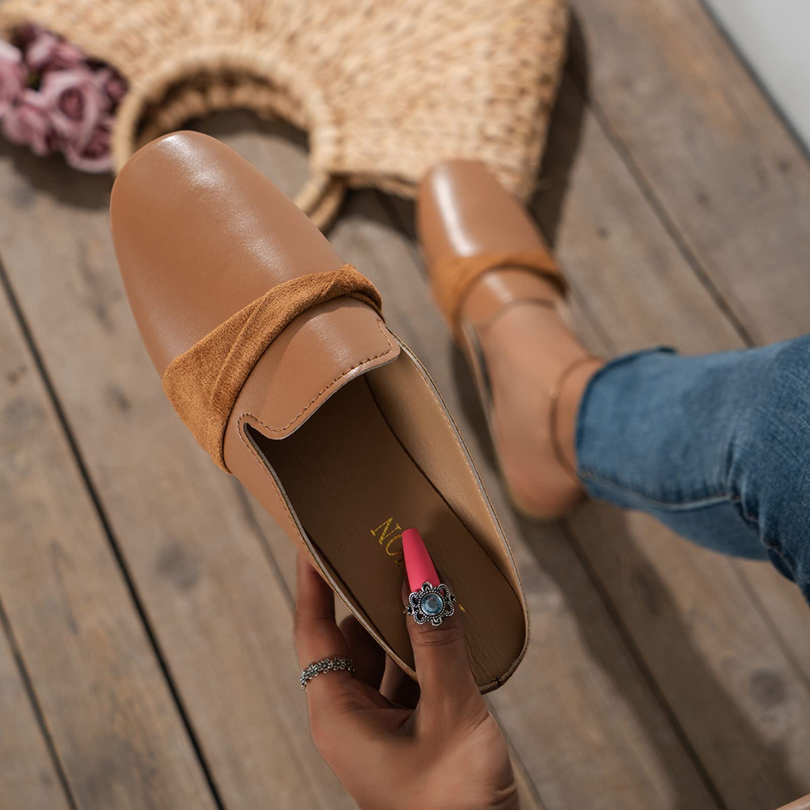 Ladies Fashion Solid Color Leather Round Head Half Slippers Flat Comfortable Casual Casual Shoes for Women with Heel Brown