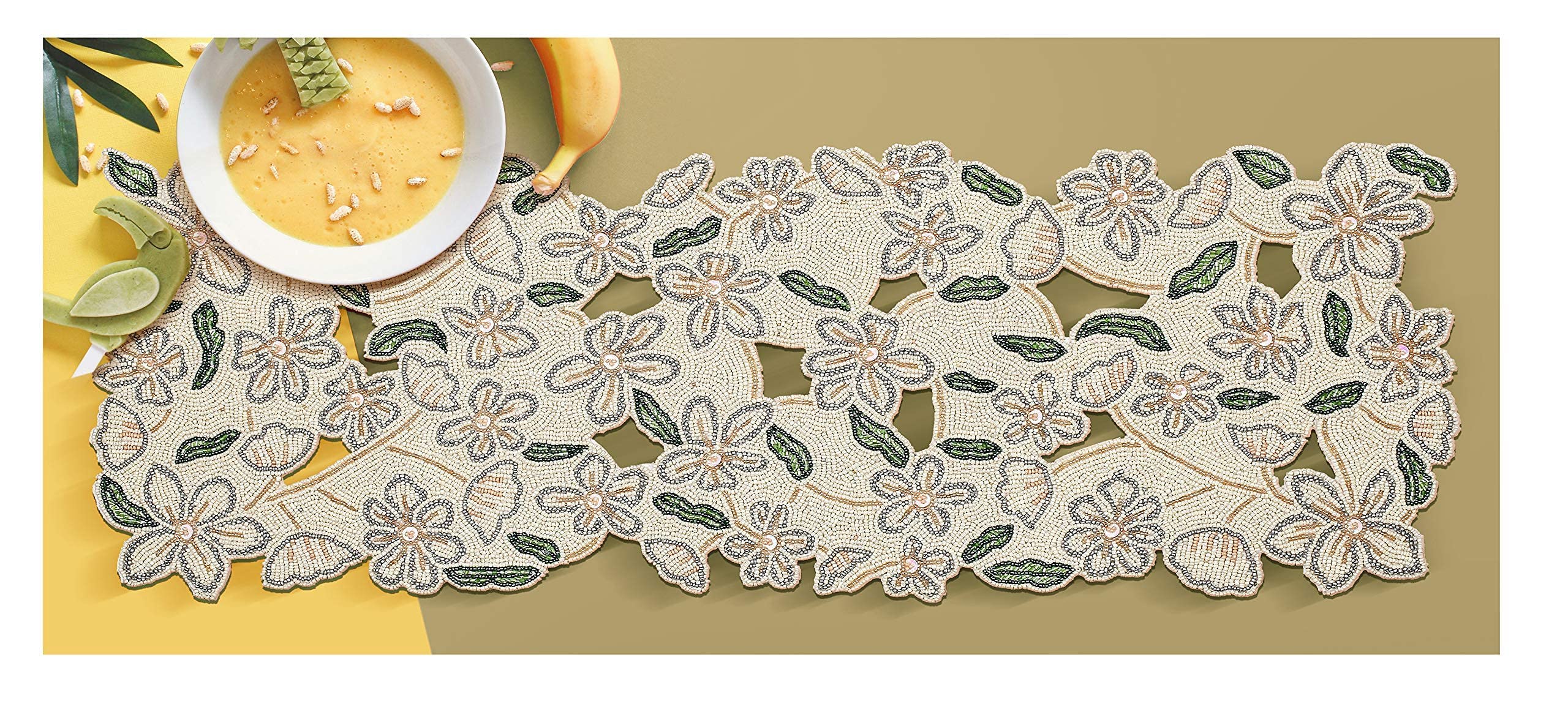 Handmade Fancy Scrolled Embroidery Beaded Table Runner for Tabletop and Kitchen - Home Decor Mat for Wedding Party Baby Shower Holiday Family Gathering - White/Green/Charcoal