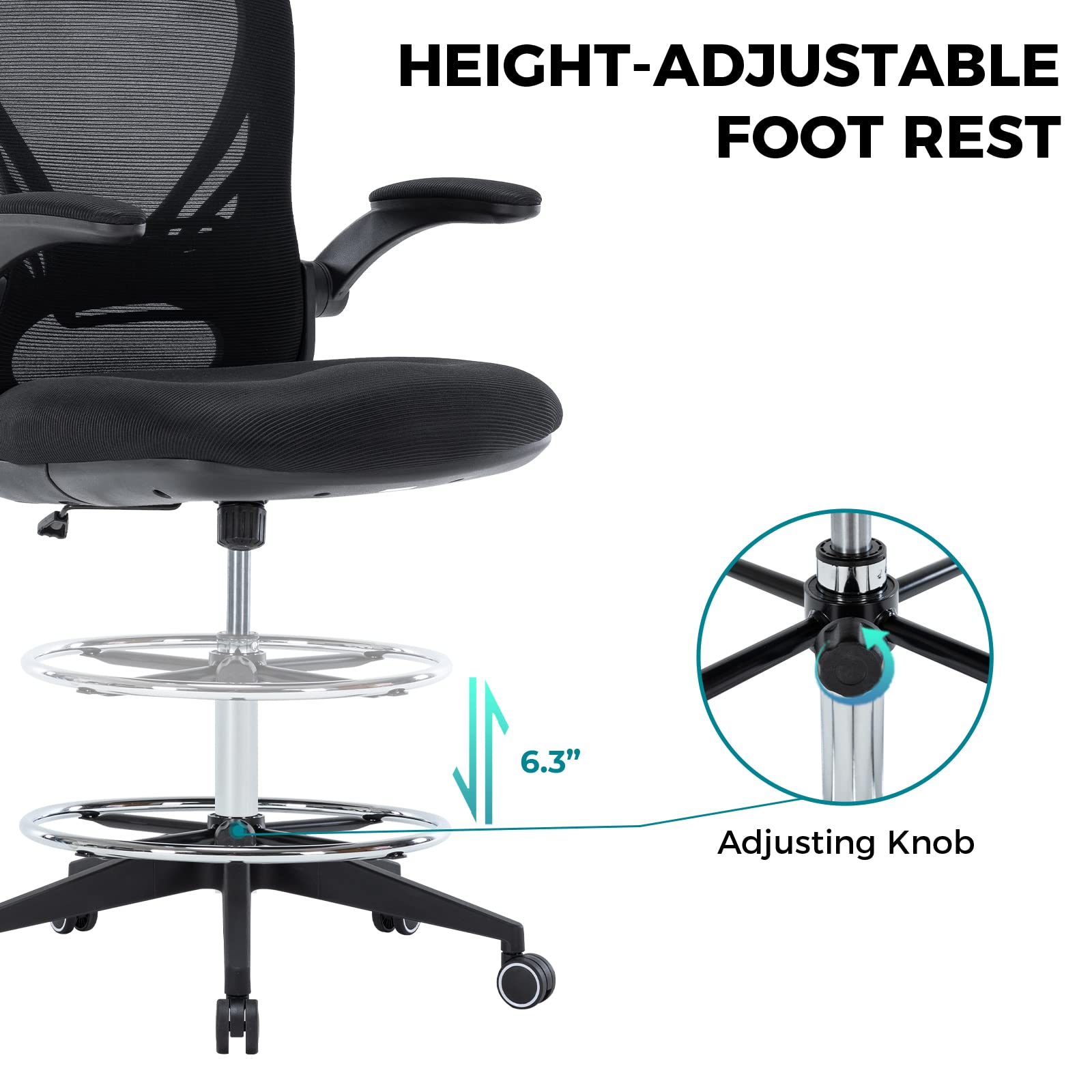 Hramk Drafting Chair, Tall Office Chair with Flip-up Arms, Mid Back Standing Desk Chair with Adjustable Foot Rest (Black)