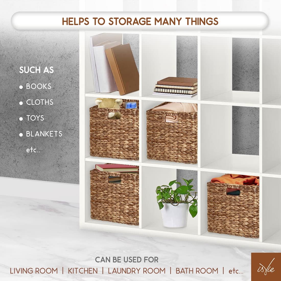IsVie Woven Hyacinth Storage Baskets 4 Pack, Rectangle Storage Container Organizer Baskets with Built-in Handles Home Organizing Laundry Organizer Cube Baskets (Brown, Set of 4)