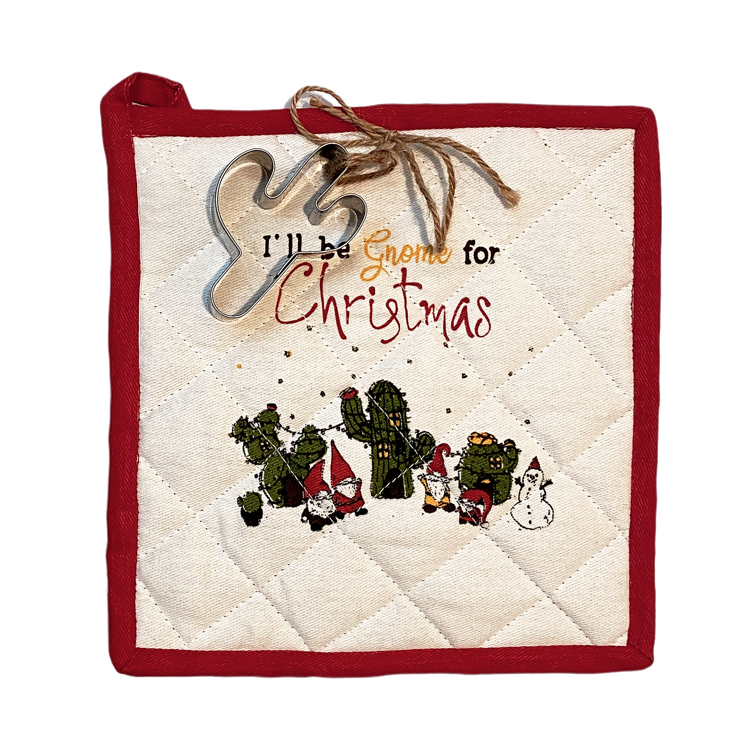 I'll be Gnome for Christmas - Holiday Gnome Pot Holder & Cactus Shaped Cookie Cutter - Arizona Cactus House Potholder Set