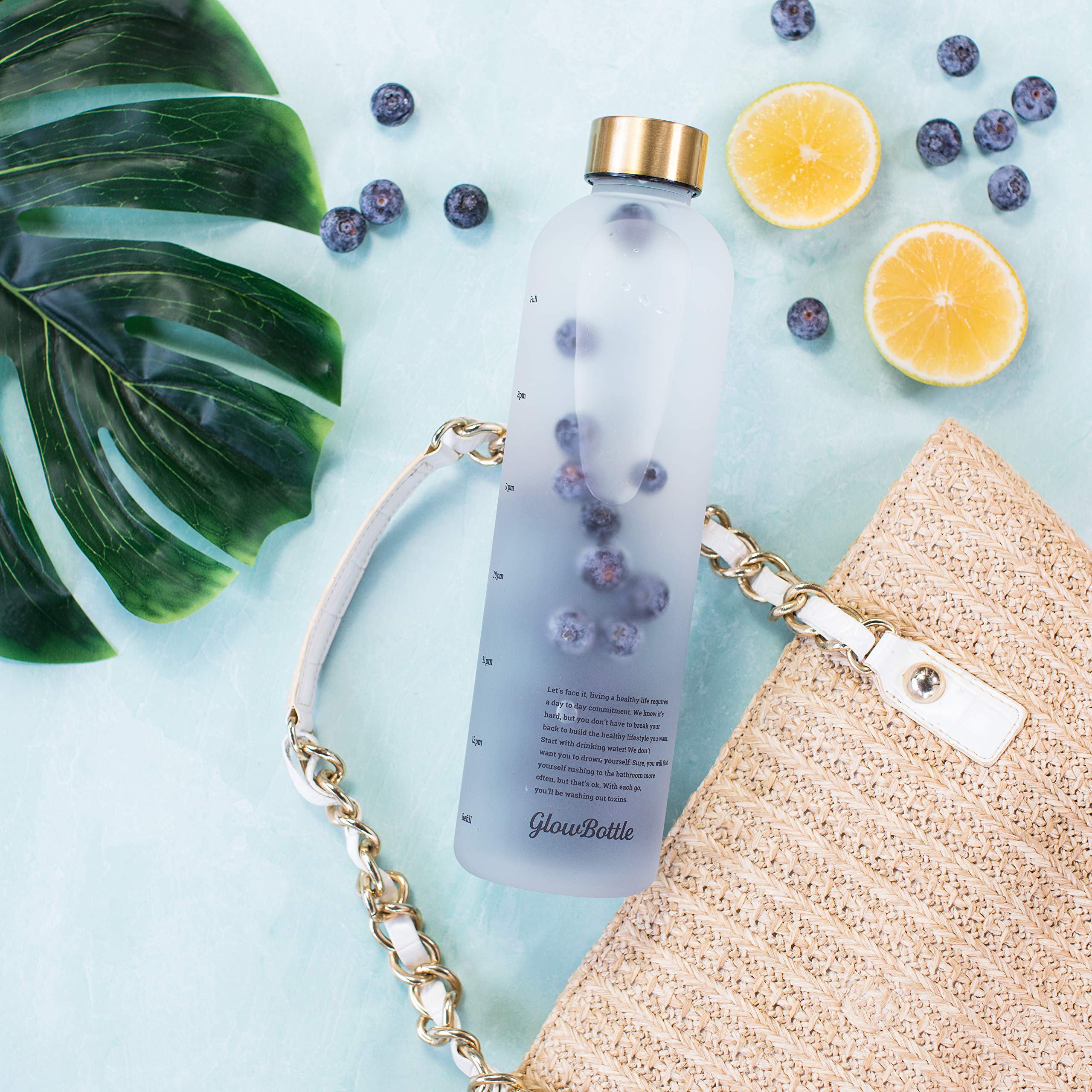 GLOW BOTTLE Motivational Water Bottle with Time Marker & Stickers, BPA Free Frosted Tritan Plastic, 1 Liter 32 Oz | 1 Bottle