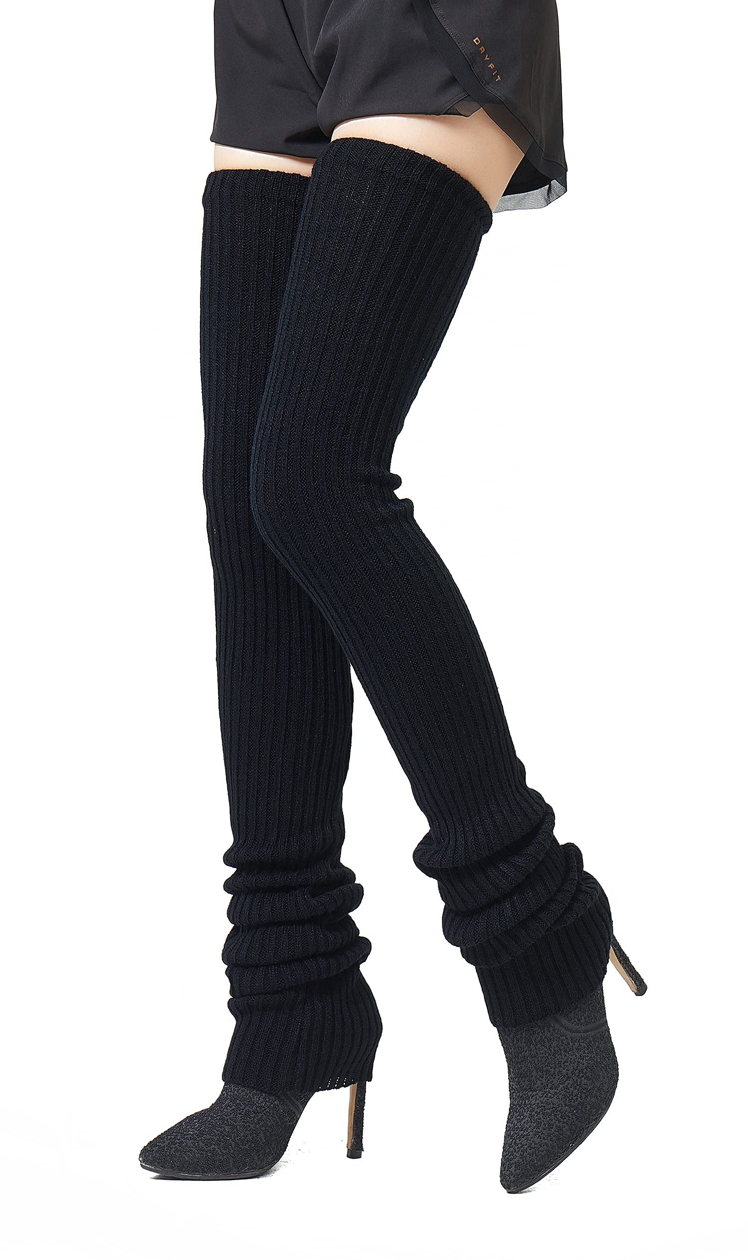 Henwarry 27 or 34 Inch Length Leg Warmers Knit Over the Knee Extra Long Winter Soft Thick Thigh High Footless Socks for Women (34 Inch, A01-Black)