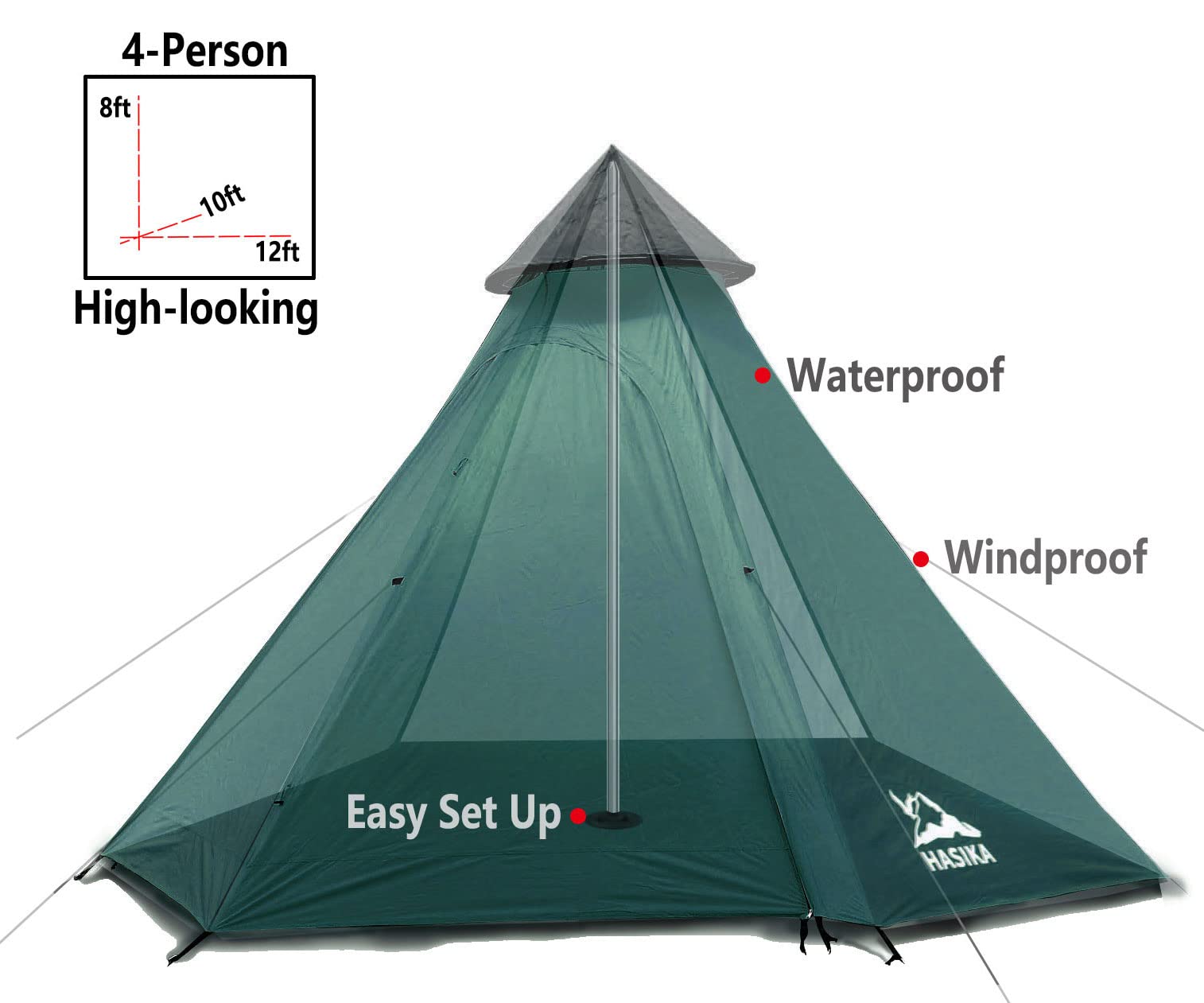 Hasika 4 Person Camping Tent Teepee Tent with Screen Netting and Rainfly Easy Set Up Waterproof Windproof Large Space 12x10ft