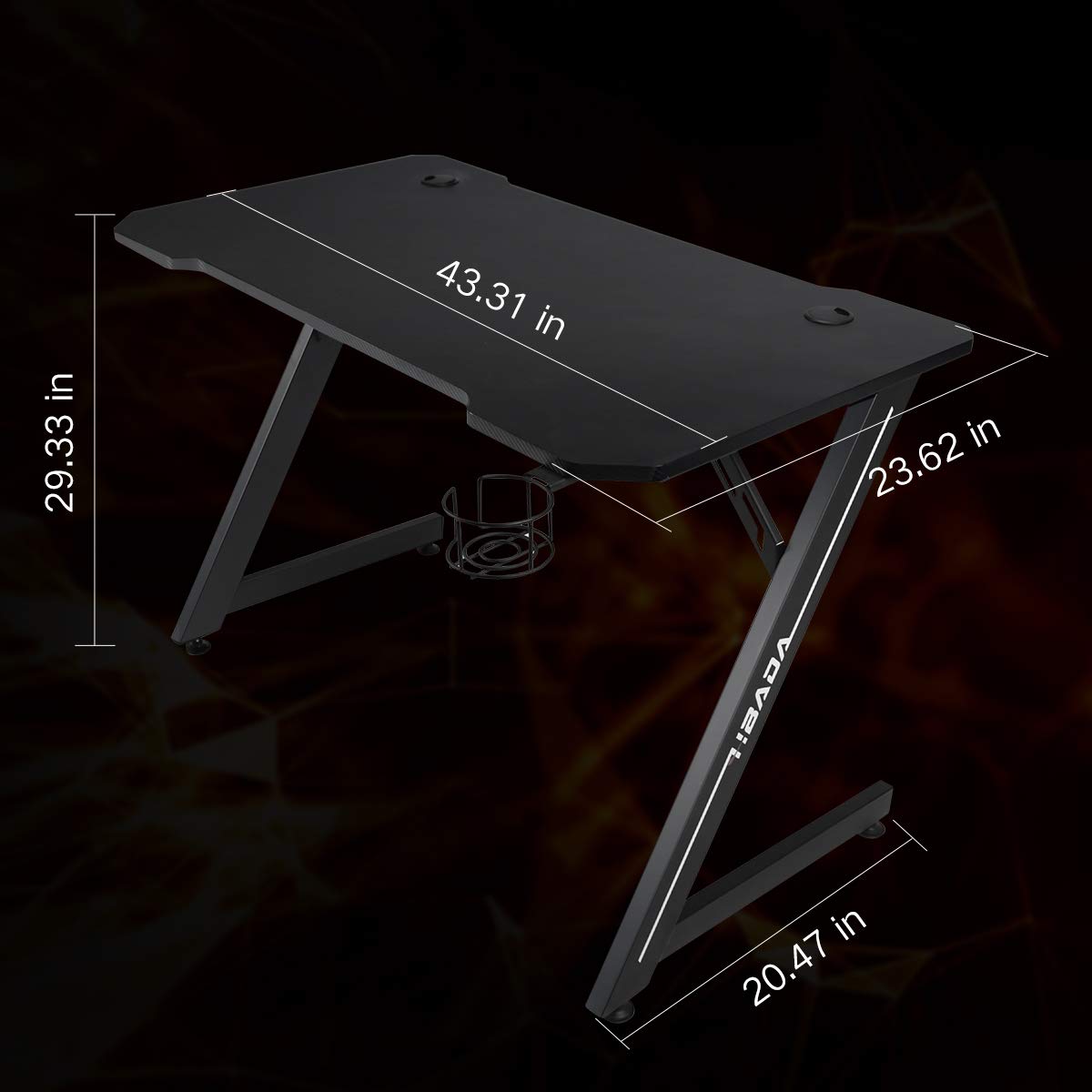 Hbada 43 inch Gaming Computer Desk, Home Office PC Desk, Z-Shape Racing Style Game Station with Double Cable Manage Hole, Sturdy Ergonomic E-Sports Desk with Cup Holder and Headphone Hook, Black