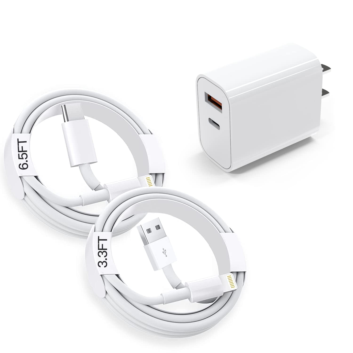 iPhone 14 13 12 Fast Charger【Apple MFi Certified】 20W 2-Port USB C Wall Charger Block with 3FT&6FT Fast Charging Lightning Cable Compatible with iPhone 14/13/12/11 Pro Max, Mini, 14 Plus,Pro/XR/iPad