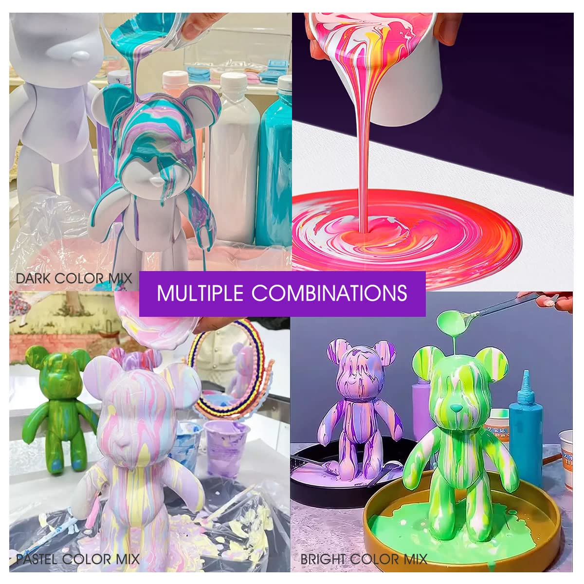 InSassy 7" Easy DIY Create customize Art and Craft kits Non-Toxic Pour Over Acrylic Fluid Paint Bear Kit for boys and girls - White-Lavender-Pink Kit