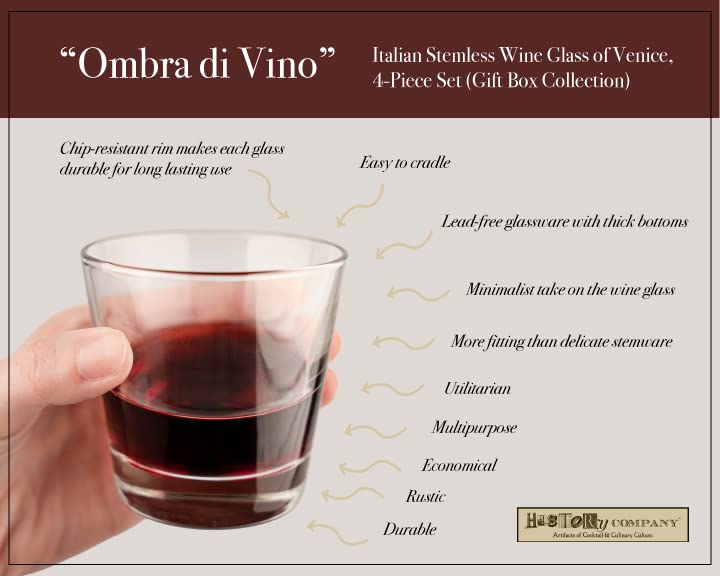 HISTORY COMPANY Ombra di Vino Traditional Italian Stemless Wine Glass of Venice, 4-Piece Set (Gift Box Collection)