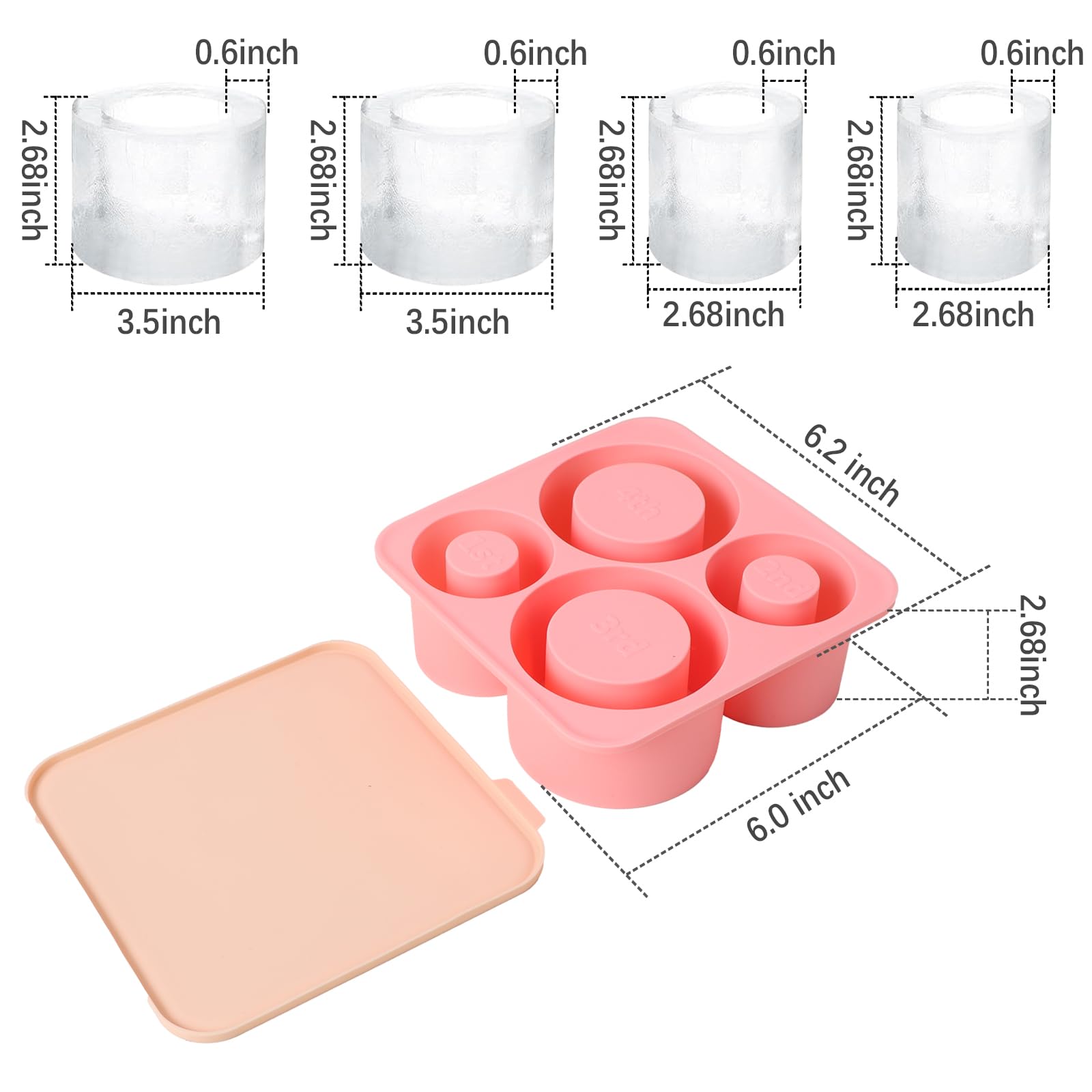 Ice Cube Tray for Stanley Cup Ice Mold 20oz 30oz 40oz Tumbler 4-Cavity Silicone Cup Ice Cube Mold Trays with Lid and Bin for Chilling Whiskey, Drinks, Coffee Easy Fill and Release Ice Maker (pink)