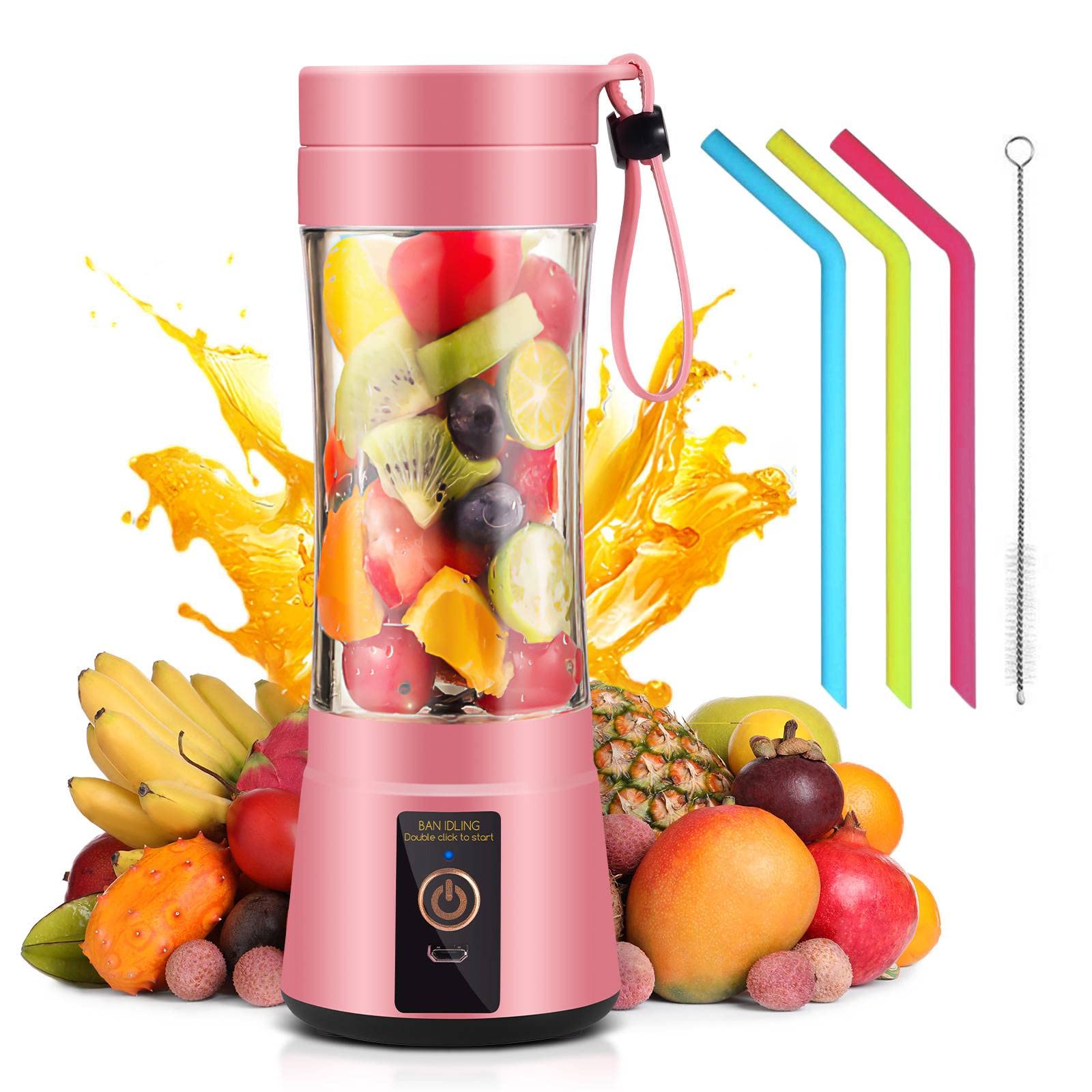 JLLOM Mini Blender Personal Portable Blender Cup for Smoothies Shakes, Portable Juicer USB Rechargeable for Travel, Small Electric Blender On The Go with Silicone Straw & Straw Cleaning Brush (Pink)