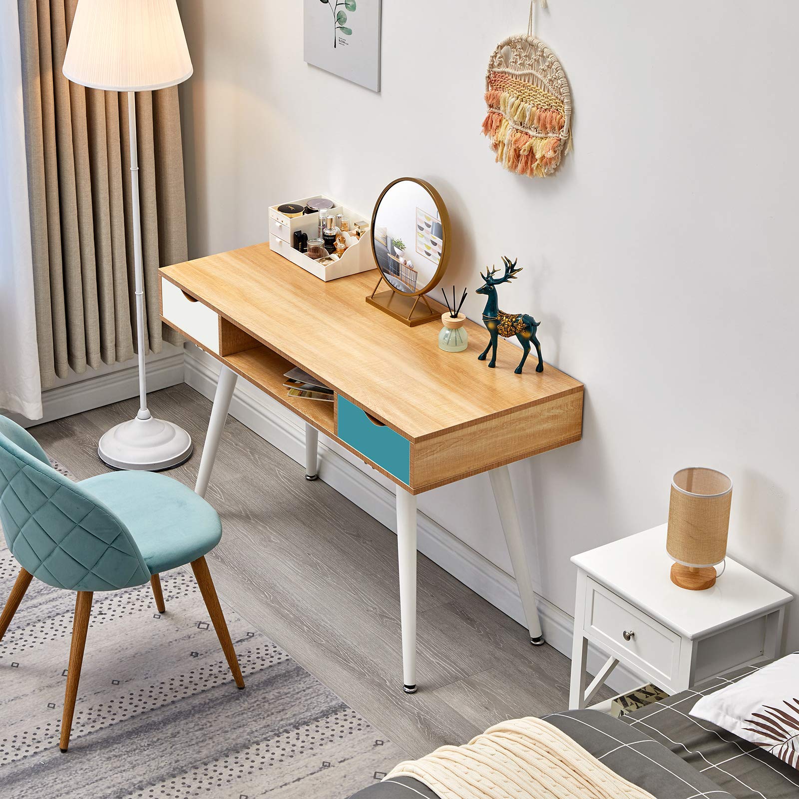 GreenForest 47inch Computer Office Desk with Drawers for Small Space Room Home Bedroom Writing Study Desk with Three Storage Vanity Makeup Dressing Table with White Metal Legs for Kids Adults