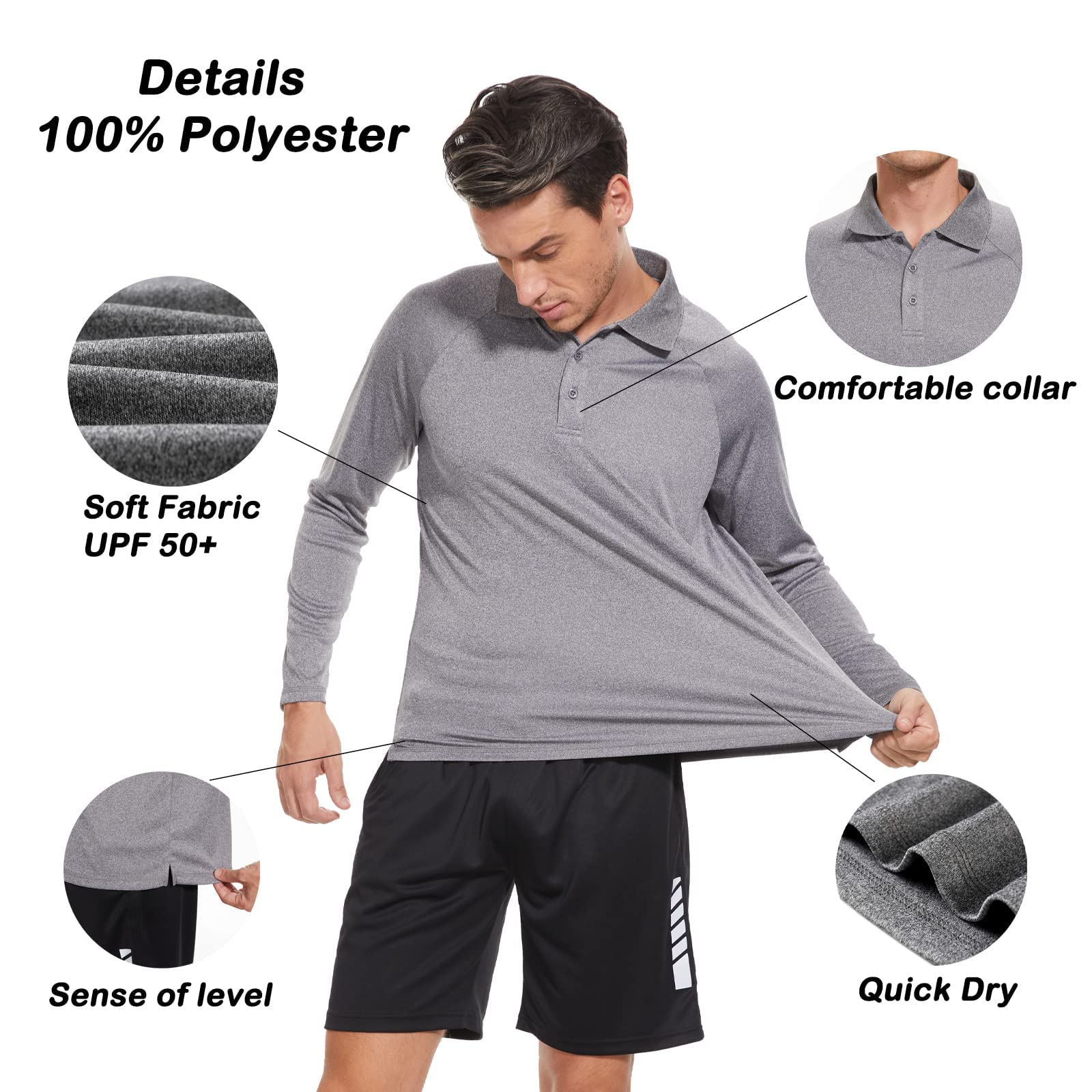 HDLMDFNN Men’s Polo Shirt Long Sleeve Lightweight Quick-Dry Breathable UPF 50+ Sun Protection Tees (Dark Grey XL)