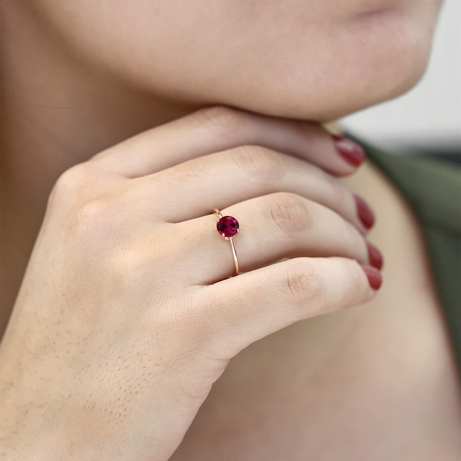 Gem Stone King 10K Rose Gold Red Created Ruby Solitaire Engagement Ring For Women (1.00 Cttw, Round 6MM, Gemstone July Birthstone, Size 6)