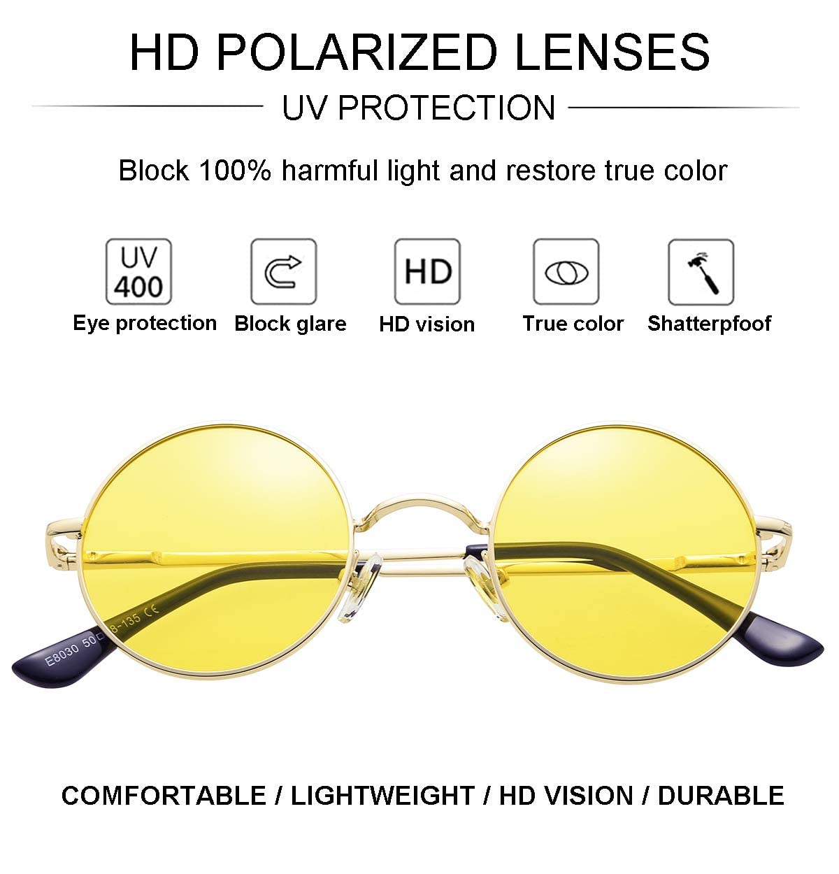 Gleyemor Polarized Round Sunglasses for Men Women Hippie Small Circle Glasses Red Yellow Lenses (Gold/Clear Yellow)