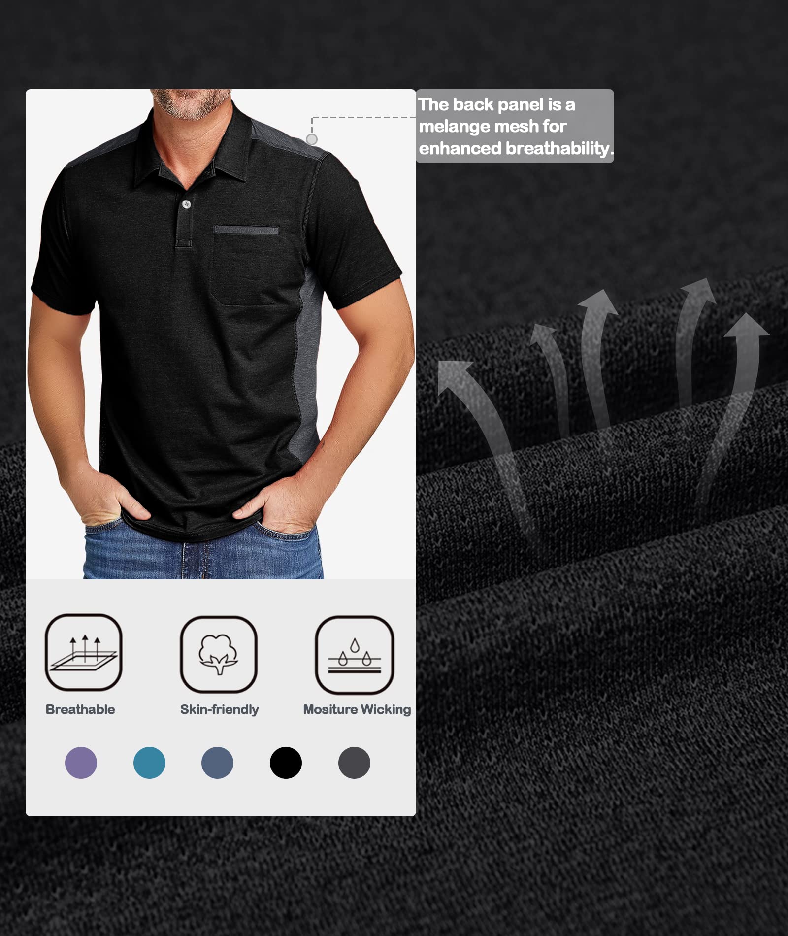 JACKETOWN Golf Polo Shirts for Men Moisture Wicking Sports T-Shirts Short Casual Polo(Black,2XL)