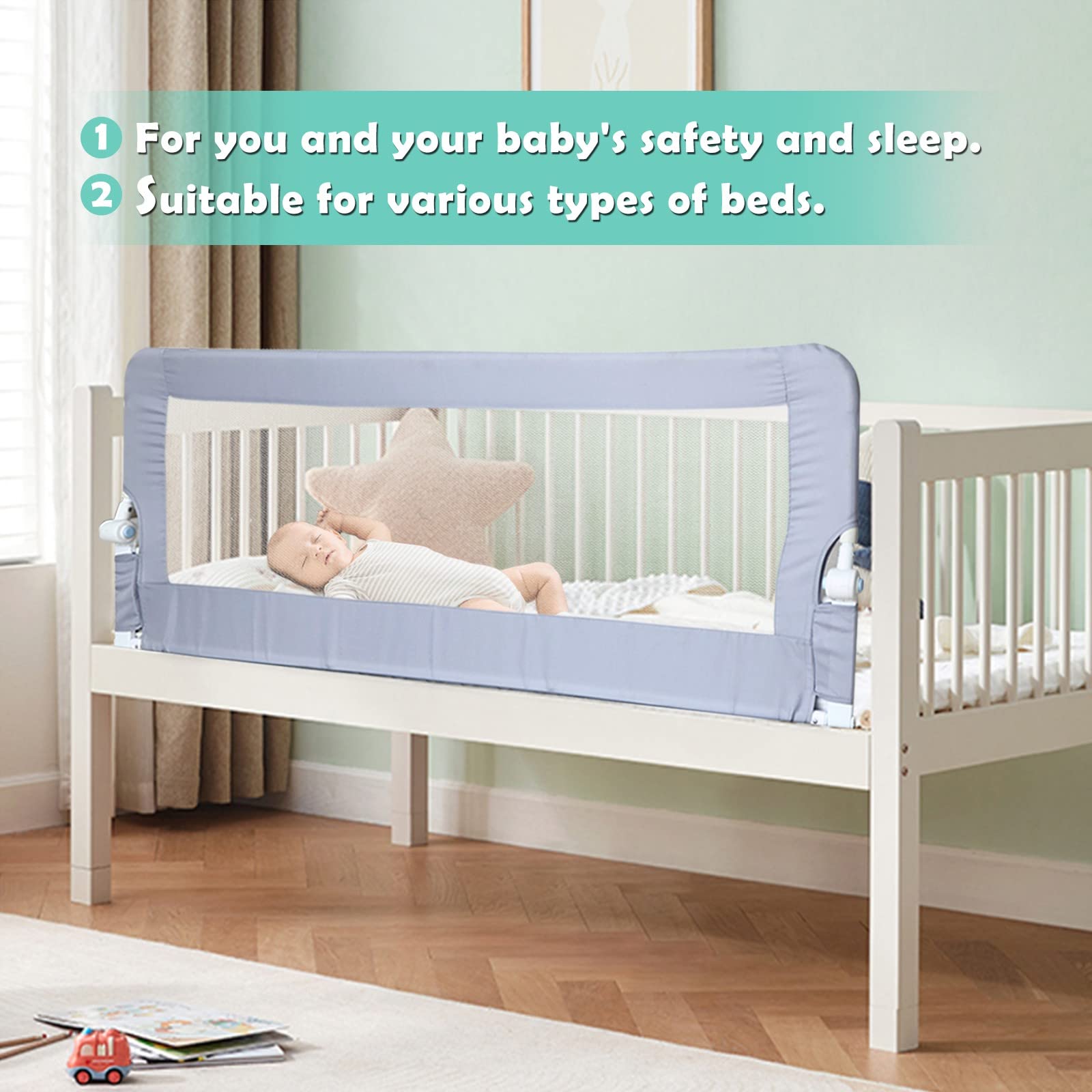 grelex Bed Rail for Toddlers, 51 Inch Foldable Toddler Bed Rails, Baby Bed Guard Rail for Twin Bed, Boxspring, Platform Bed, with Reinforced Sturdy Safety System (Grey)