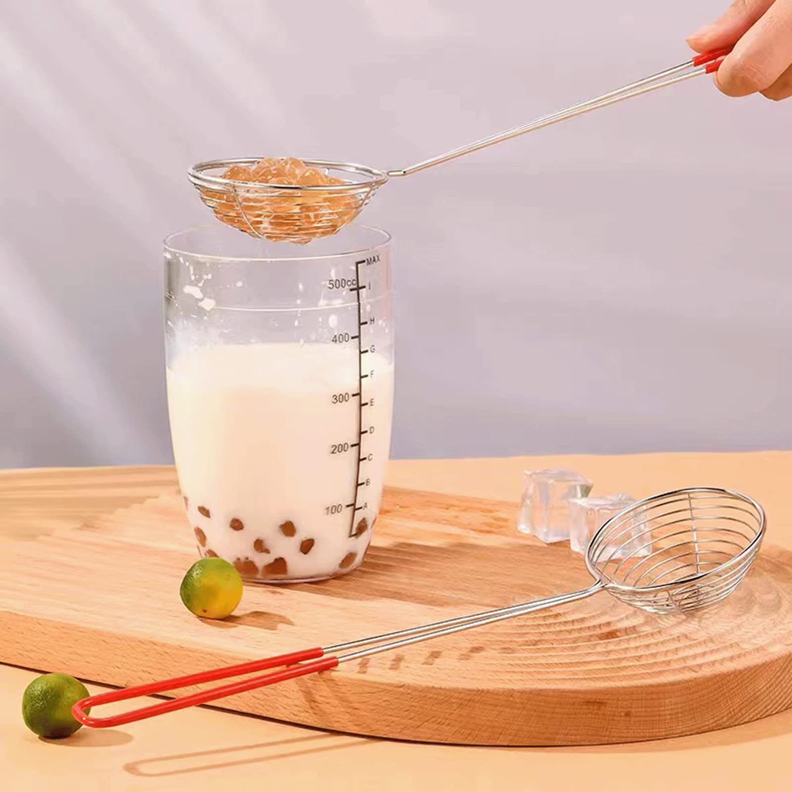 Hot Pot Strainer Spoons, Skimmer Slotted Spoon Boba Pearl Scoop, Stainless Steel Spider Strainer Spoon Small Wire Skimmer Colander with Handle, Mini Mesh Skimmer Spoon (3.15inch, red)