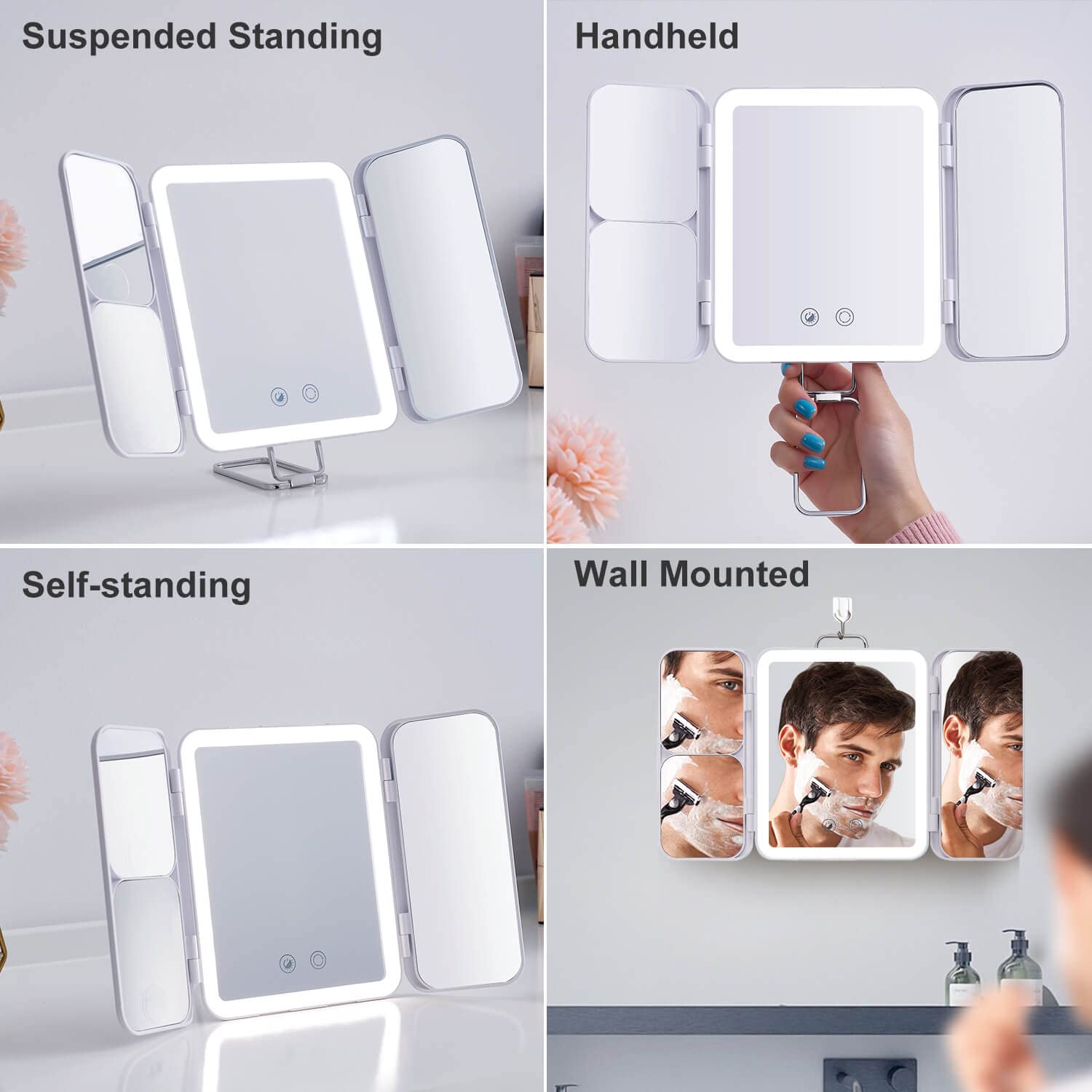 Lighted Travel Makeup Vanity Mirror - 5x6 Inches Tri-fold Mirrors with 3X/7X Magnification,3 Color Light, LED Lights and Touch Control,Adjustable Stand for Tabletop,Office,Travel,Gift (White)