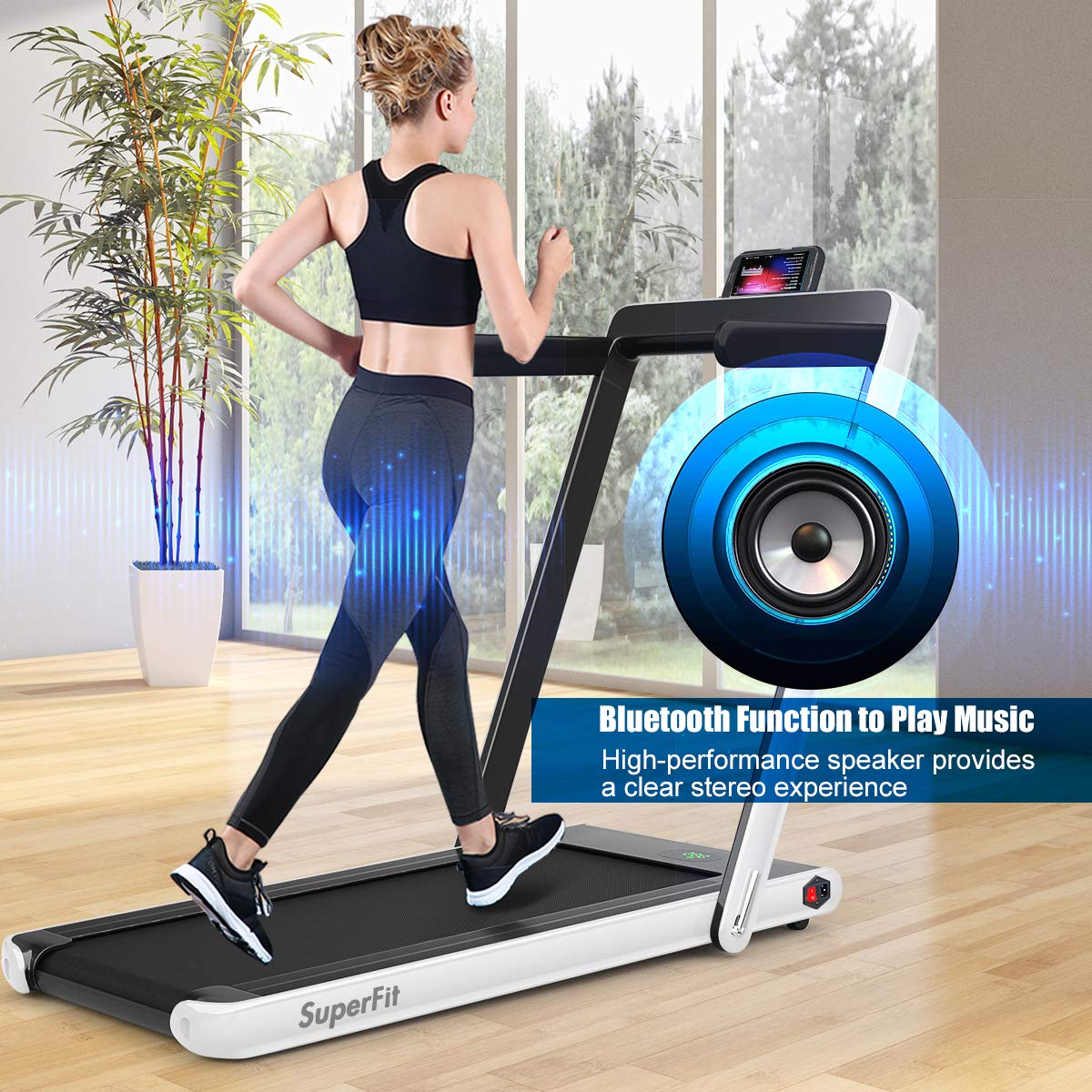 GYMAX Walking Pad, 2.25HP Foldable Treadmill with Smart App & Remote Control, Bluetooth LED Monitor, Small Spaces Compact Running Machine, Folding Portable Under Desk Treadmill for Home Office (White)