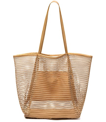 hatisan Beach Bag Mesh Tote Bag,Upgrade Beach Tote with Phone Pouch Women Mesh Bag Shoulder Bag for Beach Travel Vacation (Kakhi)