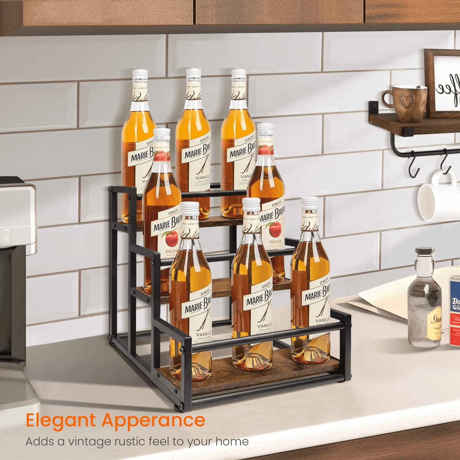 Homode Coffee Syrup Rack Organizer, 12 Bottle Syrup Holder Stand for Coffee Bar, 3 Tier Shelf Storage Rack for Liquor Syrup Wine for Countertop, Kitchen, Coffee Station, Rustic Brown Black