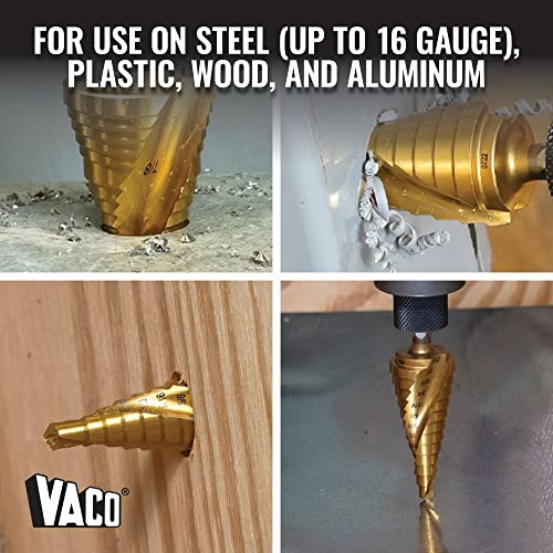 Klein Tools 25962 Step Drill Bit, 3/16 to 7/8-Inch, Spiral Double-Fluted, Cuts Thin Metal, Plastic, Aluminum, Wood, 1/4-Inch Hex Shank, VACO
