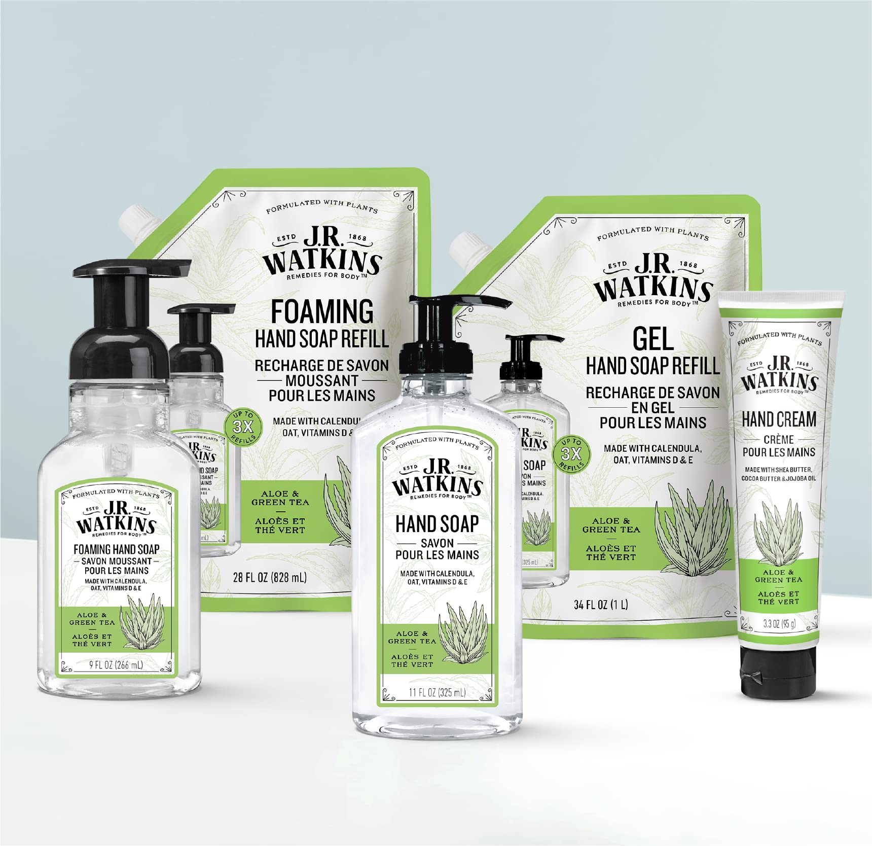 J.R. Watkins Liquid Hand Soap With Dispenser, Moisturizing Hand Soap, Alcohol-Free Hand Wash, Cruelty-Free, Liquid Soap For Bathroom or Kitchen, Aloe & Green Tea, 11 Fl Oz, 3 Pack