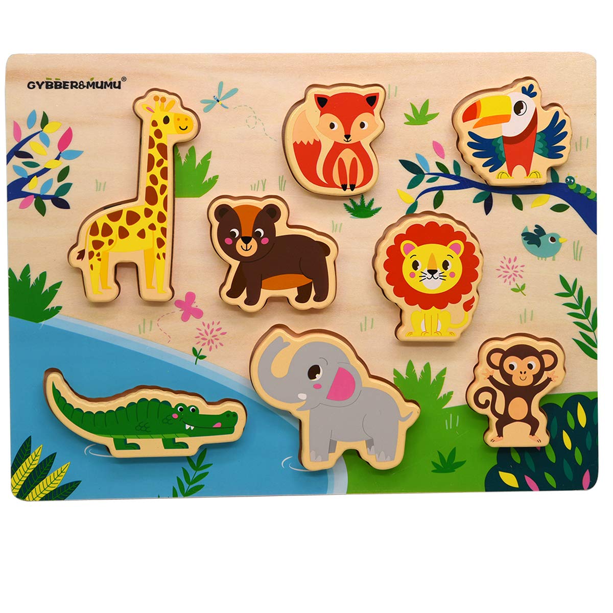 GYBBER&MUMU Animals Shape Sorter Board Wooden Peg Puzzles for Toddlers Early Skills Educational Toys