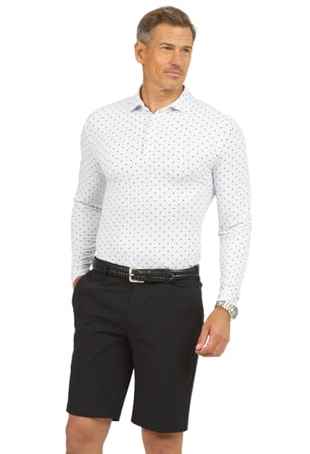 IBKUL Men's Athleisure Wear Sun Protective UPF 50+ Icefil Cooling Tech Polka Dot Print Long Sleeve Polo – 95124 (Modern Fit) White/Navy Polka Dot L