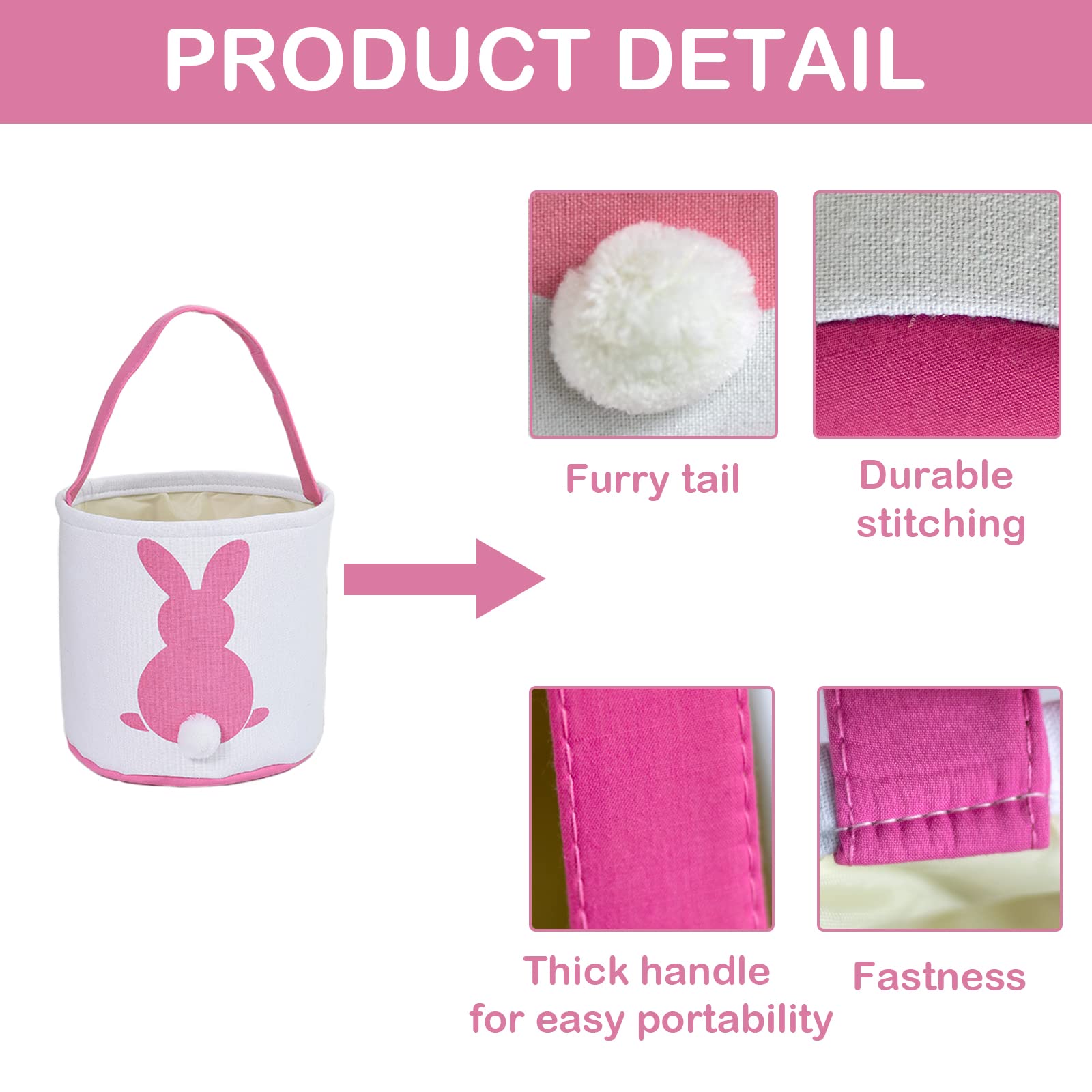 HTONTB 2PCS Easter Bunny Baskets,Kids Easter Egg Hunt Baskets,Rabbit Handbag Easter Party Decorations Gifts Toys Carry Bucket Tote,Reusable Party Bags,DIY Egg Basket Stuffer for Kids Gifts(Pink)