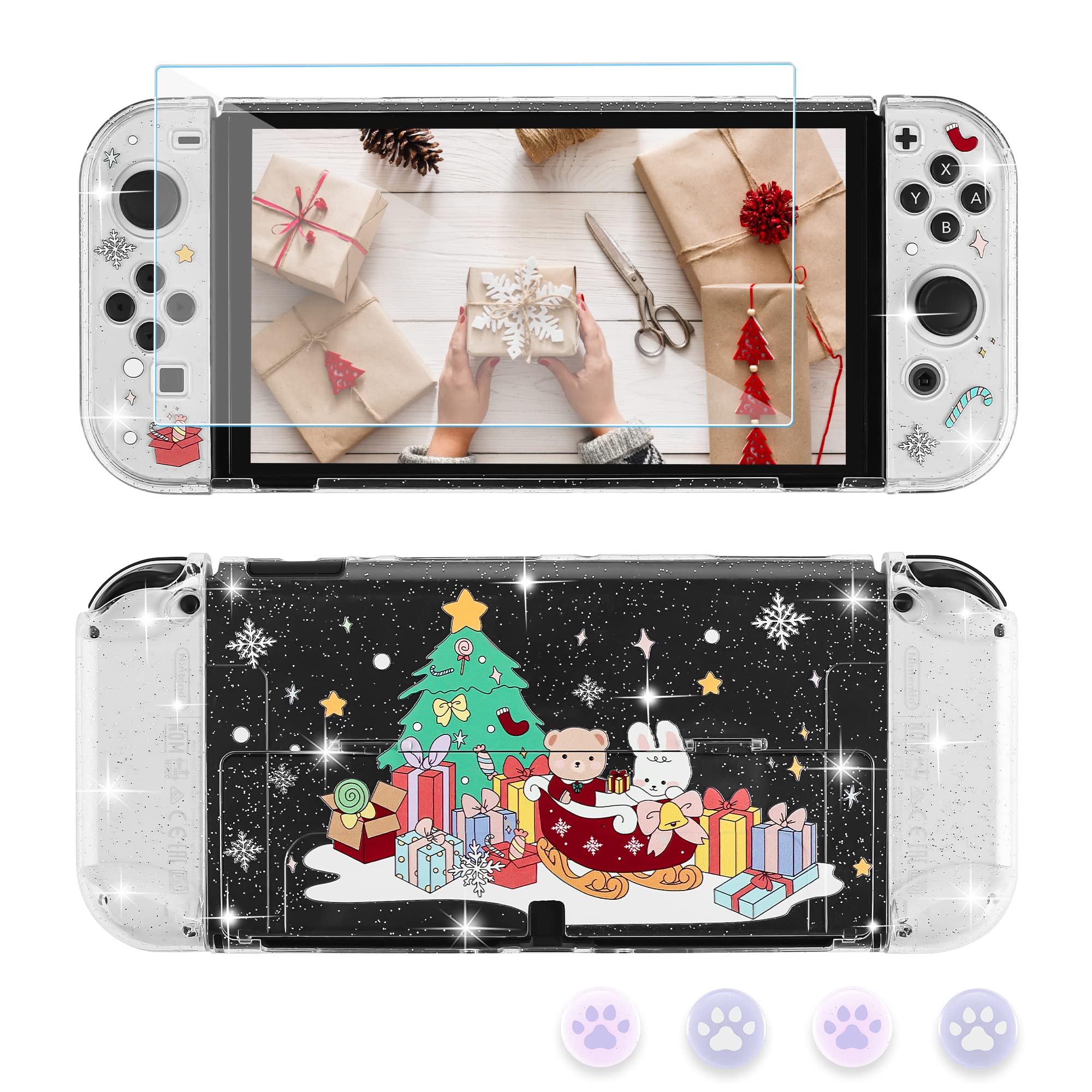 Glitter Case Compatible with Nintendo Switch OLED, FANPL Cute PC Protective Cover for Switch OLED, Kawaii Skin with Thumb Cap & Screen Protector, Accessories for Girl - Christmas Bear & Rabbit Pattern