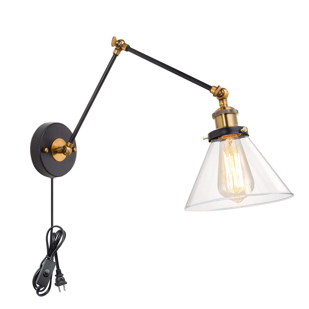 H XD GLOBAL E27 Industrial Retro Style Wall Sconce Lamps Lighting, Clear Small Umbrella Wall Lamp, Bedroom Bedside Wall Lights,Corridor Wall Sconces (Plug-in)