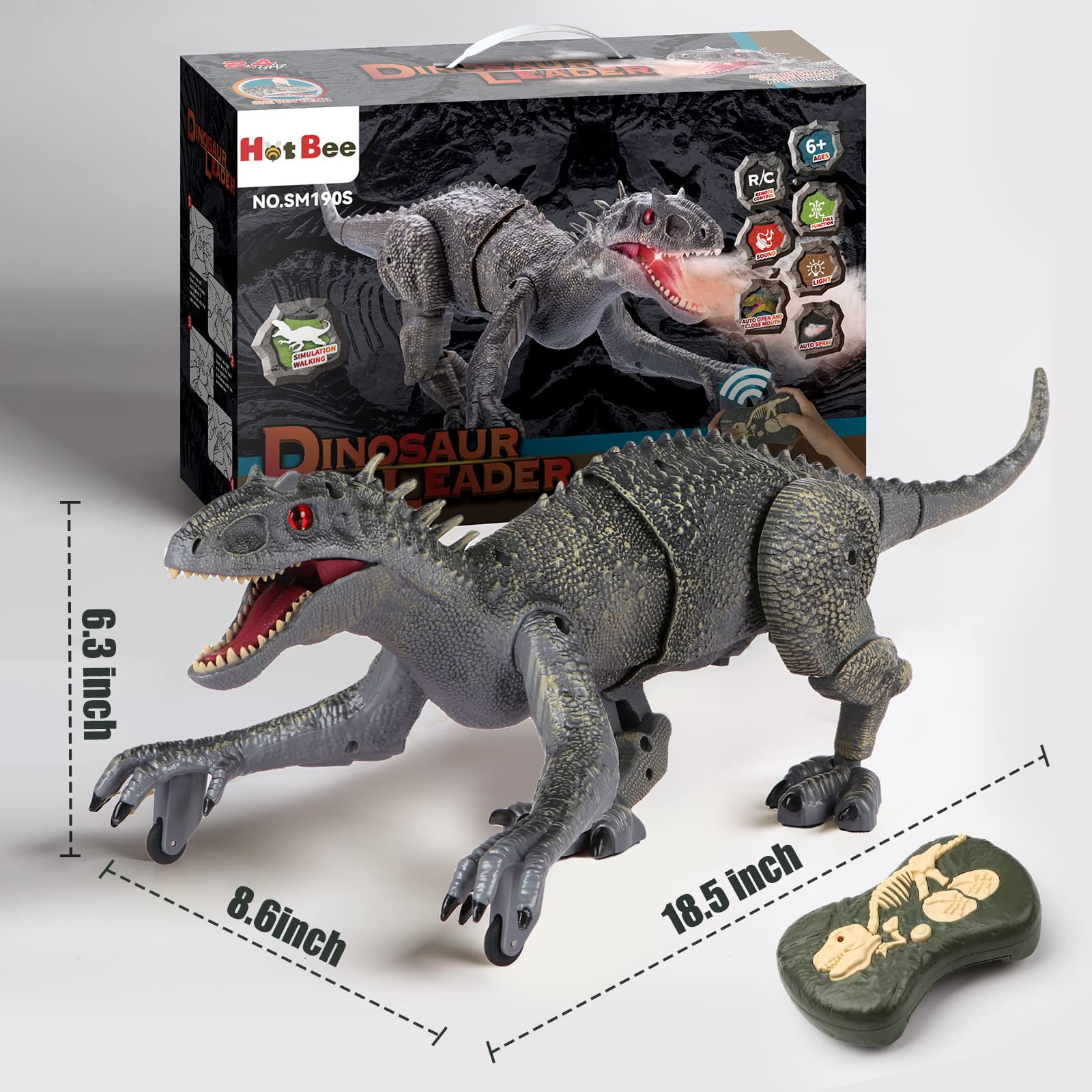 Hot Bee Big Dinosaur Toy for Kids, 18.6in Big Robot Dinosaur Simulation Action Figure with Mist Spray, Chomping Mouth, LED Light and Roaring Sounds