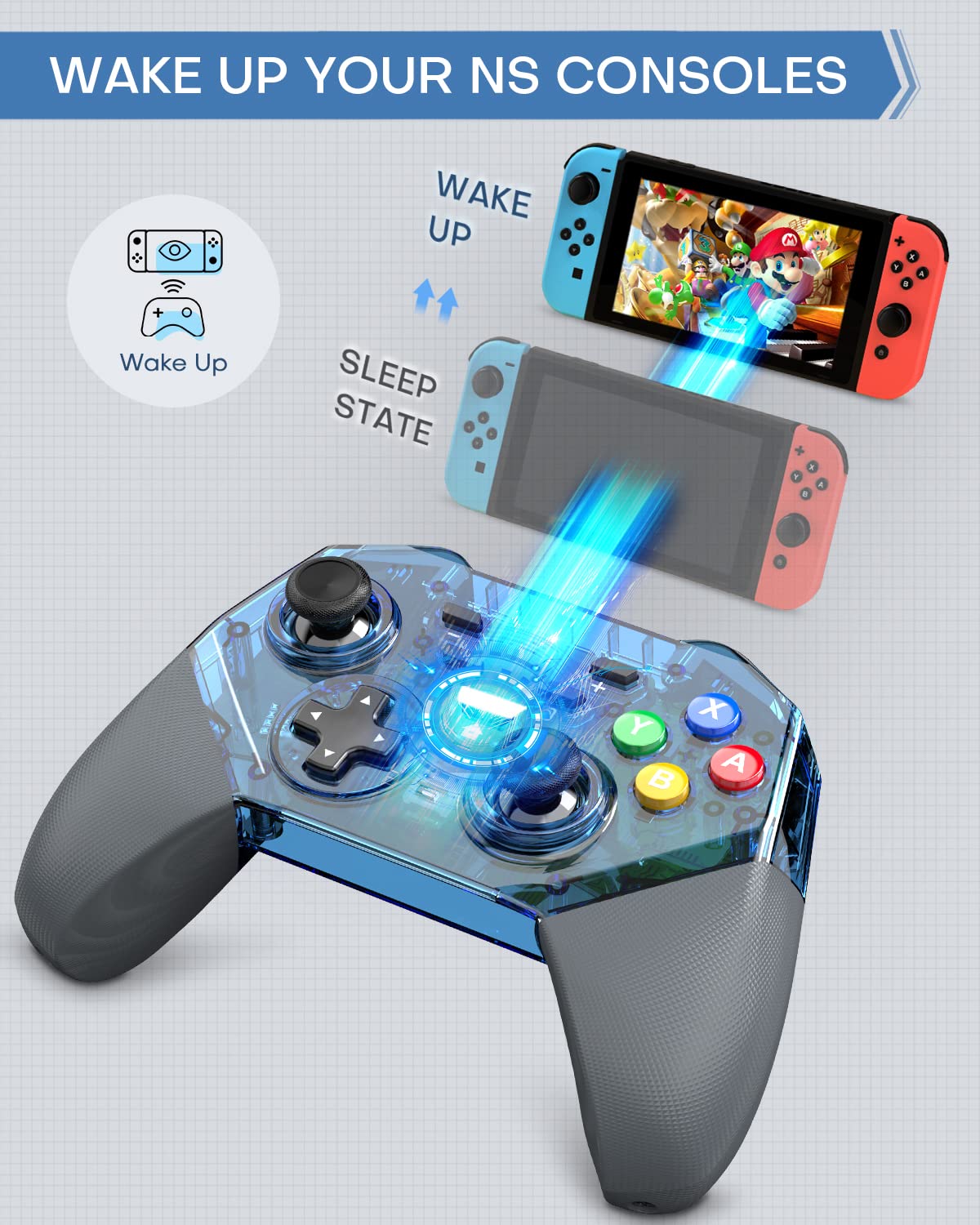 ISENPENK Wireless Controller for Switch, Pro Controller for Nintendo Switch/Switch Lite/PC, Bluetooth Gamepad Remote Joypad Handle with Ergonomic Grip/Wake-Up/Vibration/Turbo for Kids - Blue